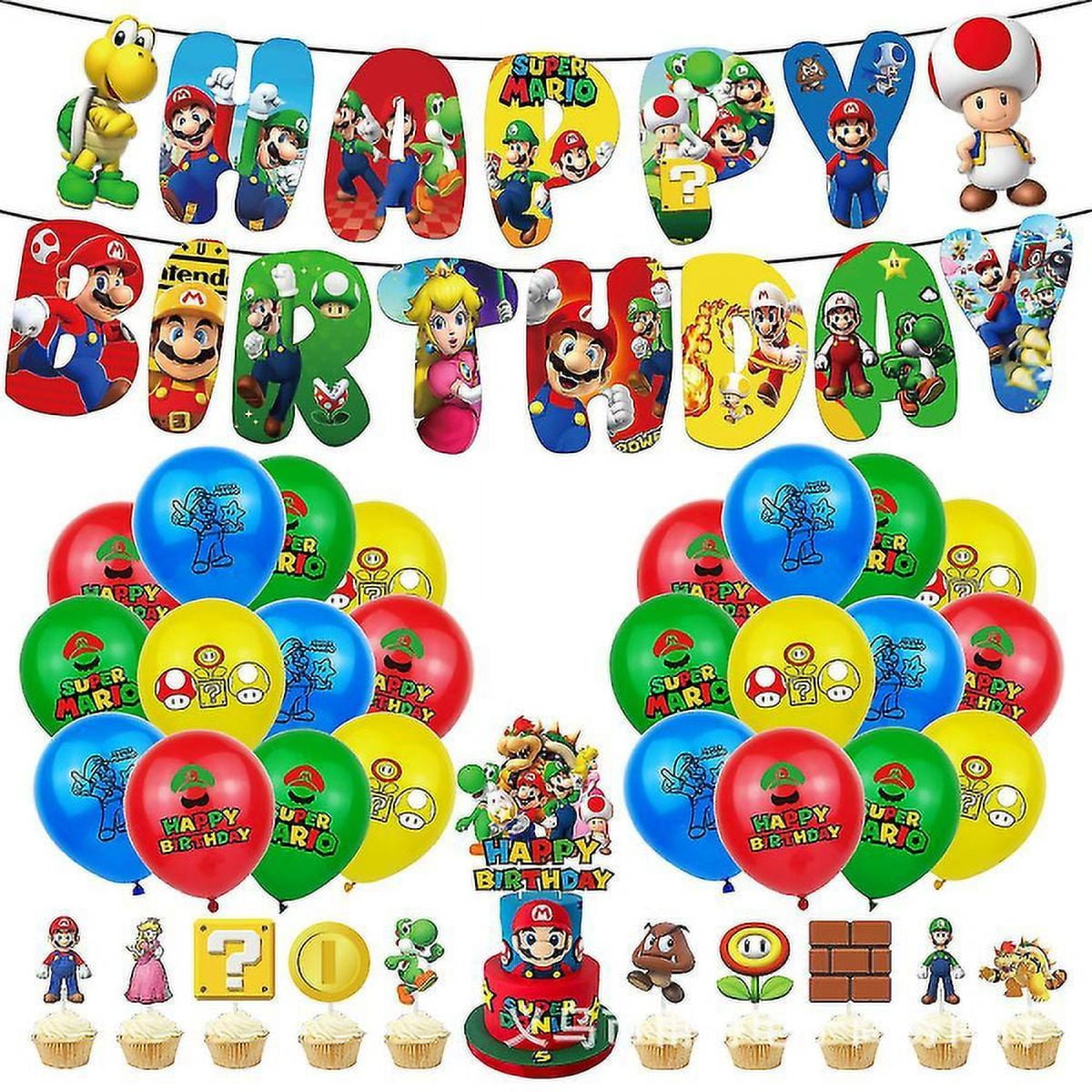 Super Mario Birthday Kit – Balloons, Banner, Cake Toppers Set, Nintendo ...