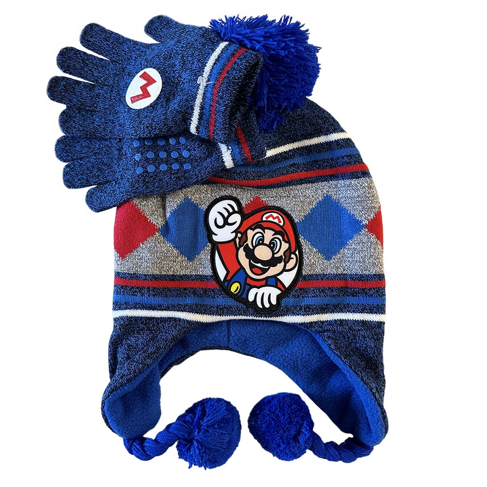 Nintendo Super Mario Winter Blue Laplander Beanie Hat and Gloves Set ...