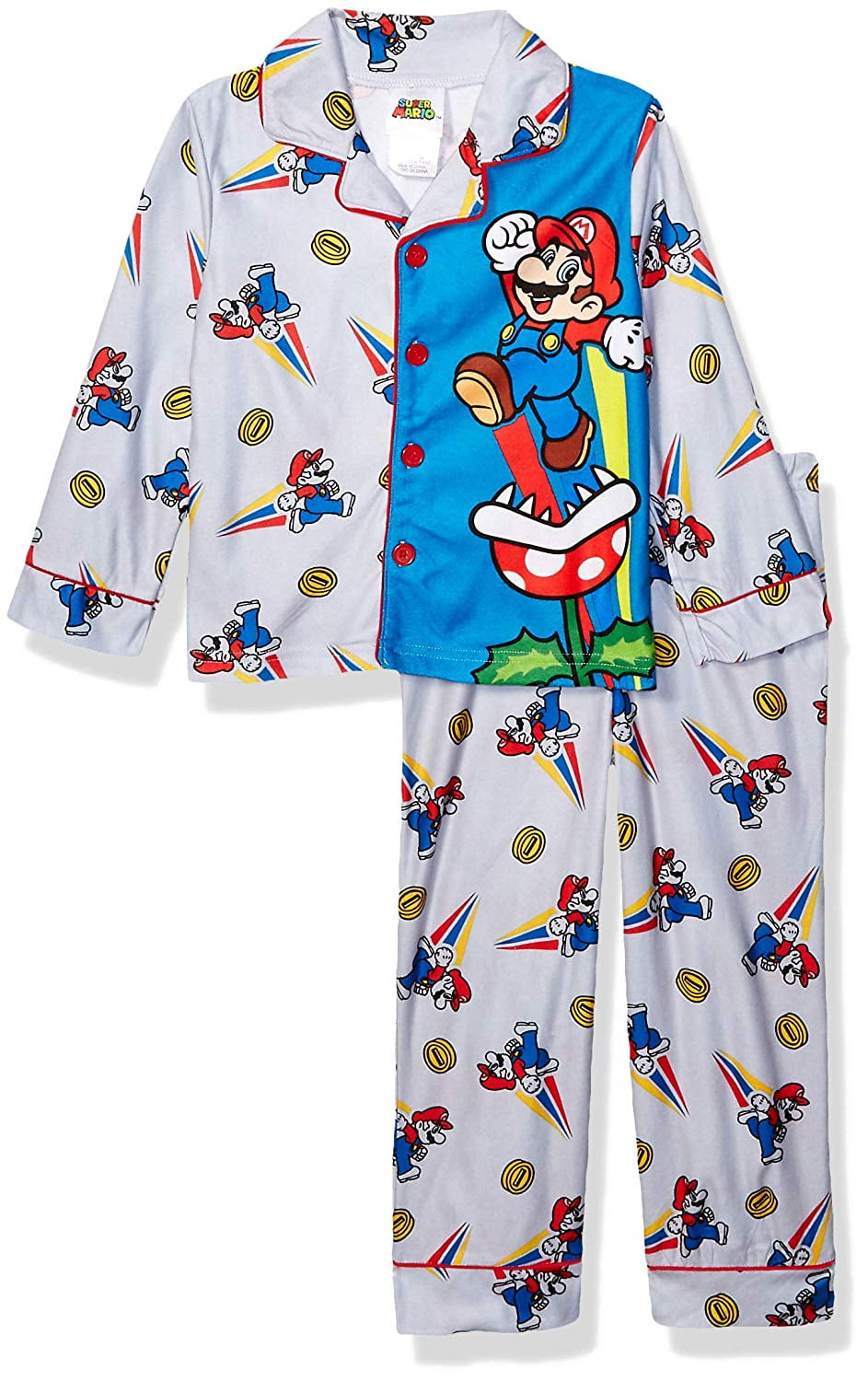 Super Mario Boys' Big Soft Knit Flannel Button Down Pajama Set, Mario ...