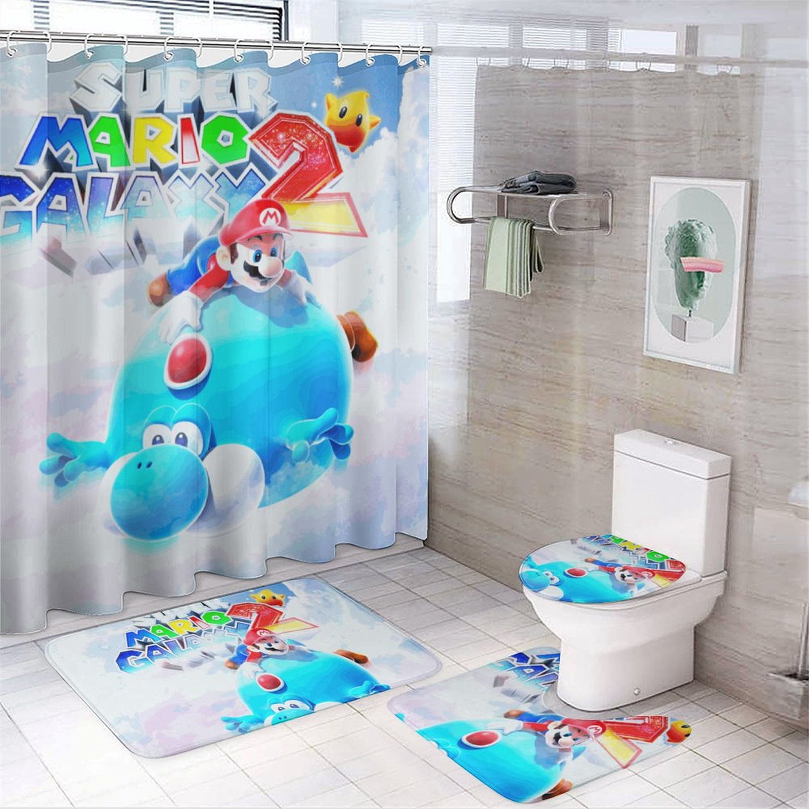 Super Mario Bros 4 Pieces Shower Curtain Set With 12 Hooks, Non-Slip ...