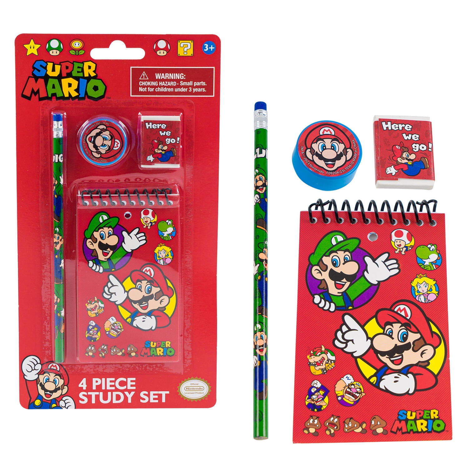 Super Mario Bros. 4pc Study Kit- Eraser, Sharpener, 25 sheet memo pad ...