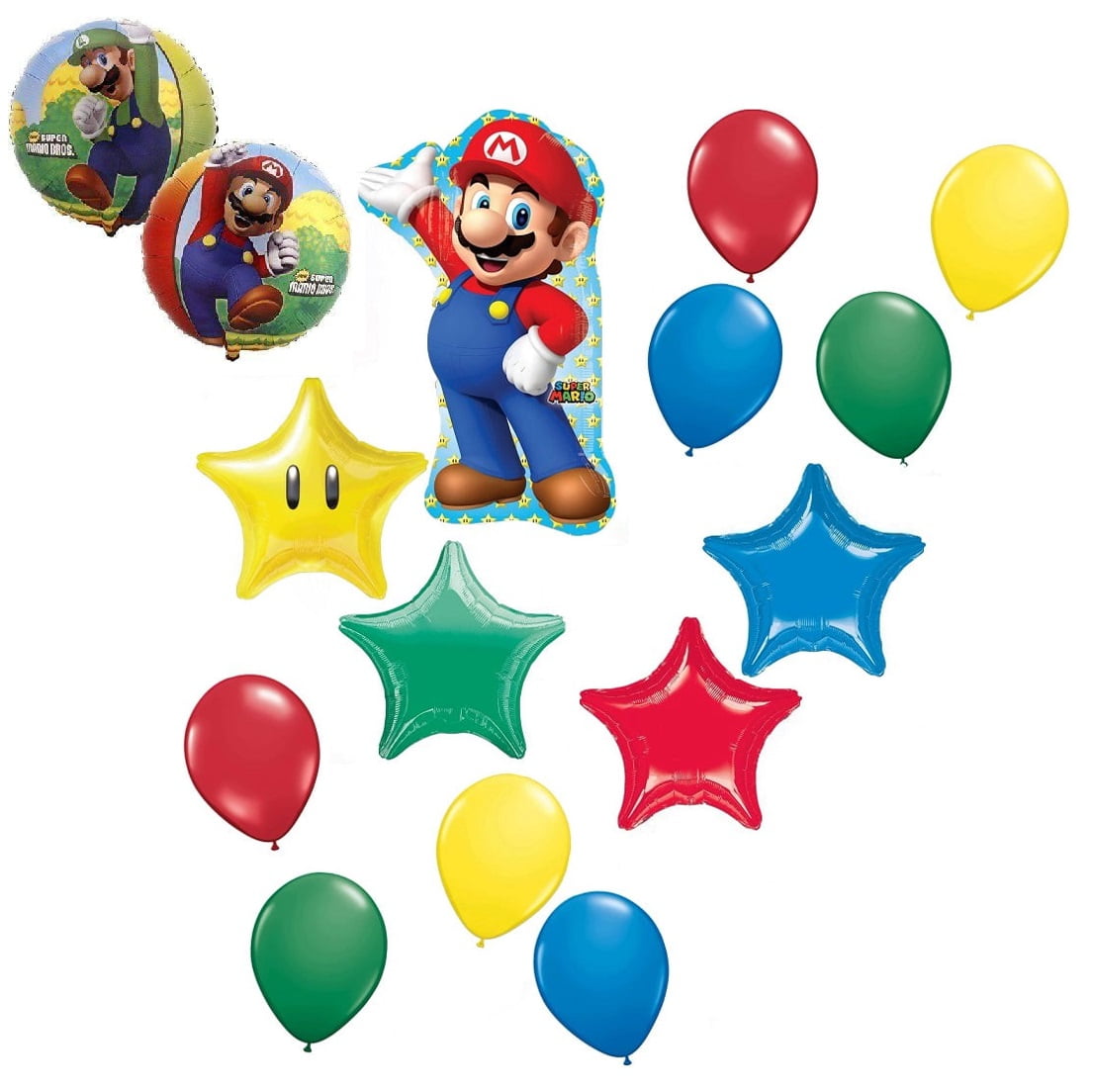 Super Mario Bros Happy Birthday Balloon 15 Piece Power Star Decoration ...