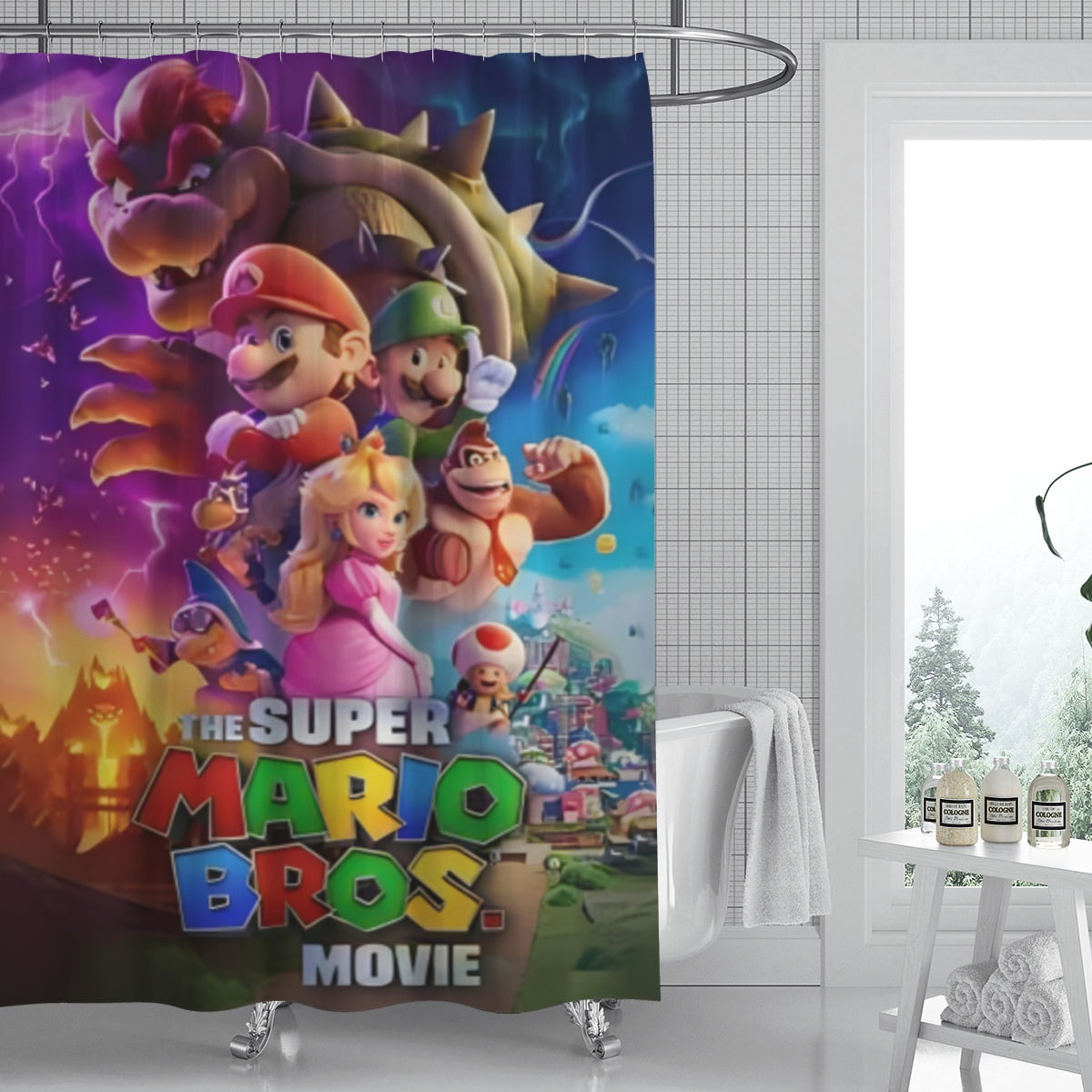 The Super Mario Bros. Movie shower curtain features an iconic print, is ...