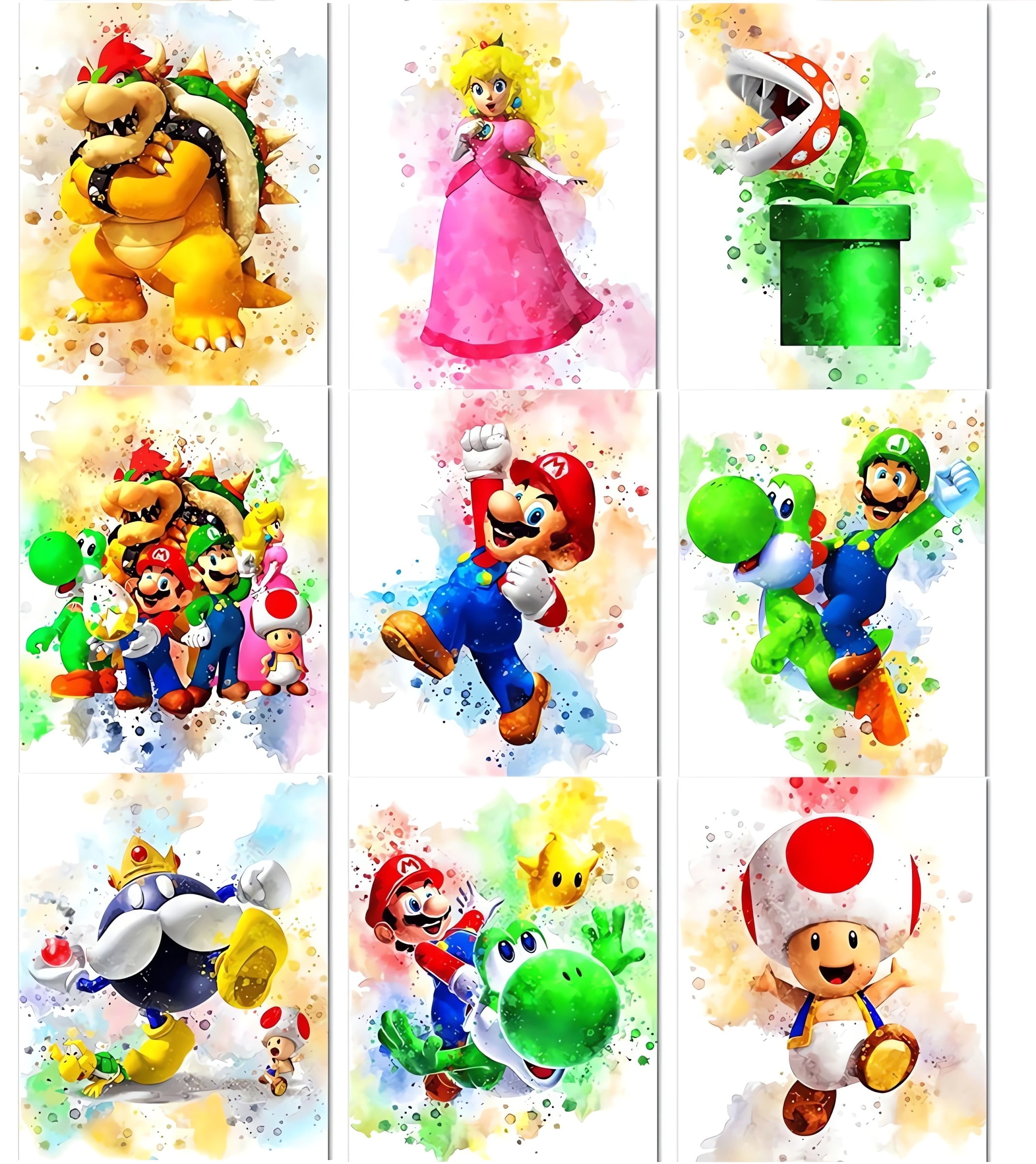 Super Mario Bros Watercolor Posters - Set of 9 (8" x 10") Anime Cartoon ...