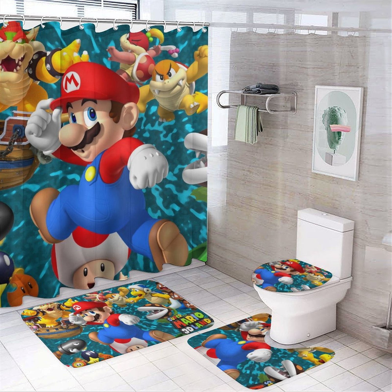 Super Mario Brothers 4 Pieces Shower Curtain Set With 12 Hooks, Non ...