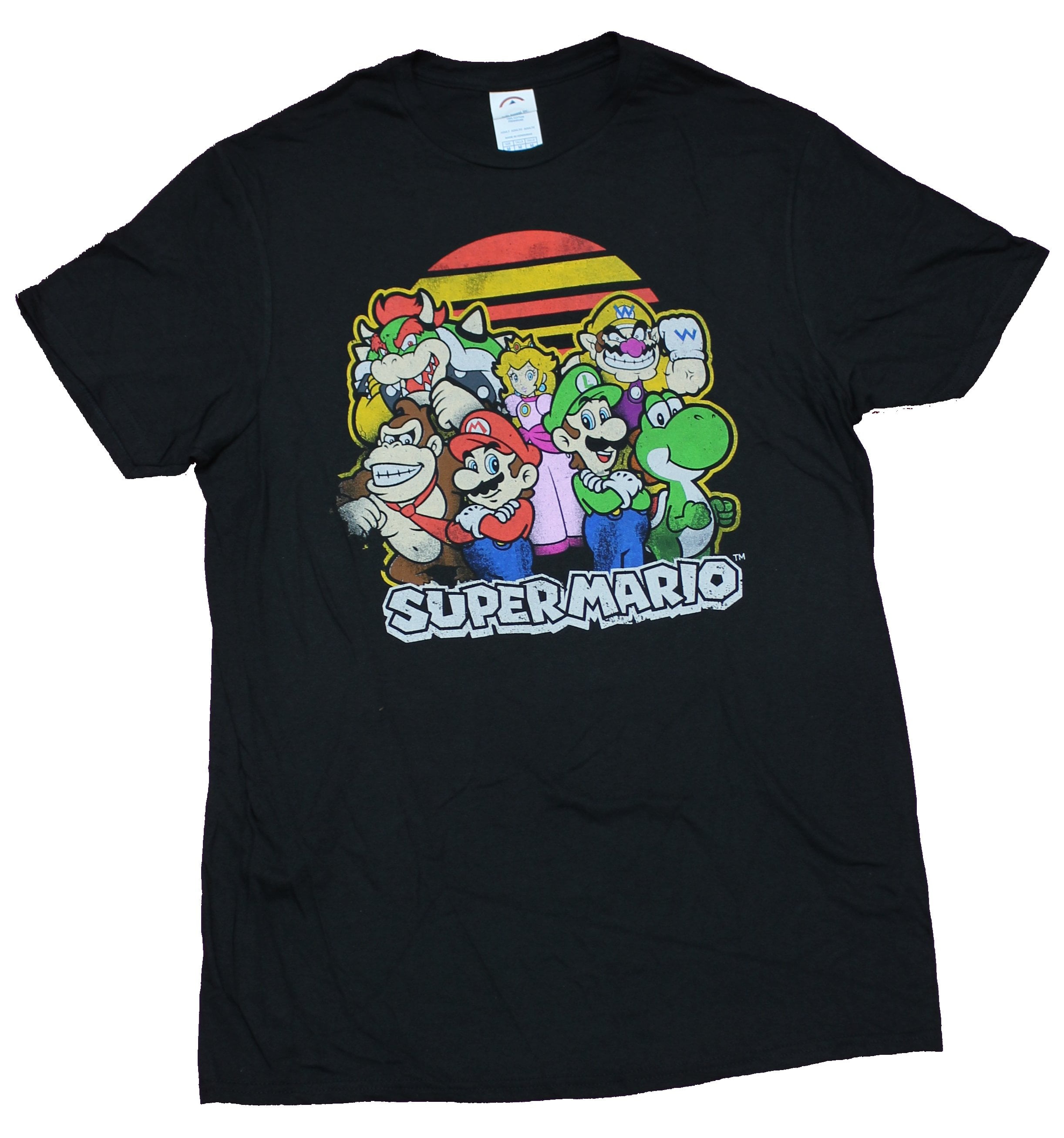 Super Mario Brothers Mens T-Shirt - Distressed 9 Character Sunset Style ...