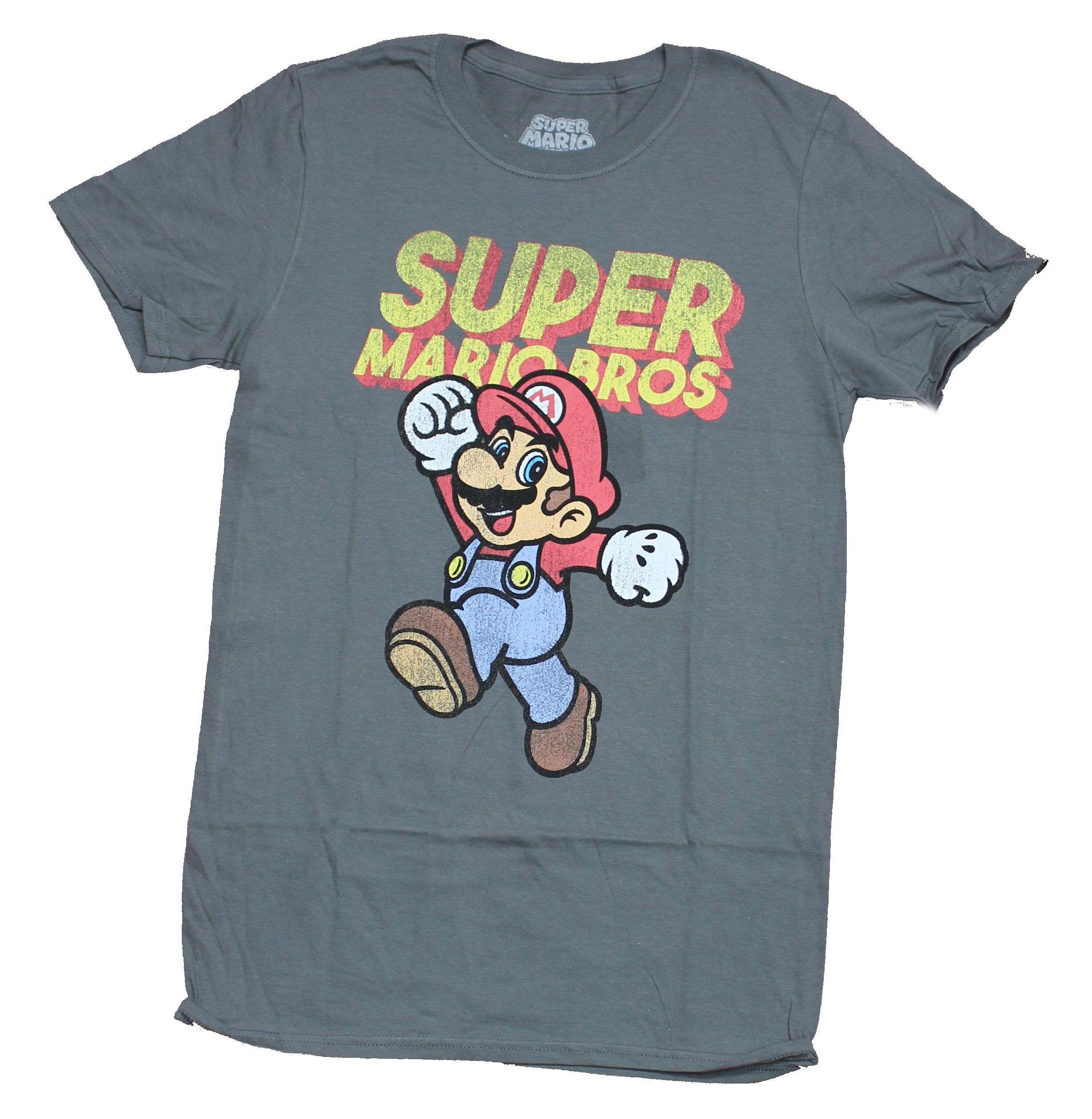 Super Mario Brothers Mens T-Shirt - Distressed Jump Under Yellow Logo ...