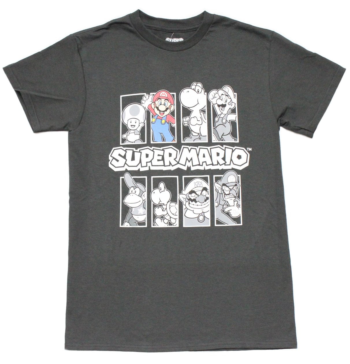 Super Mario Brothers Mens T-shirt -Gray Character Boxes Colorful Mario ...