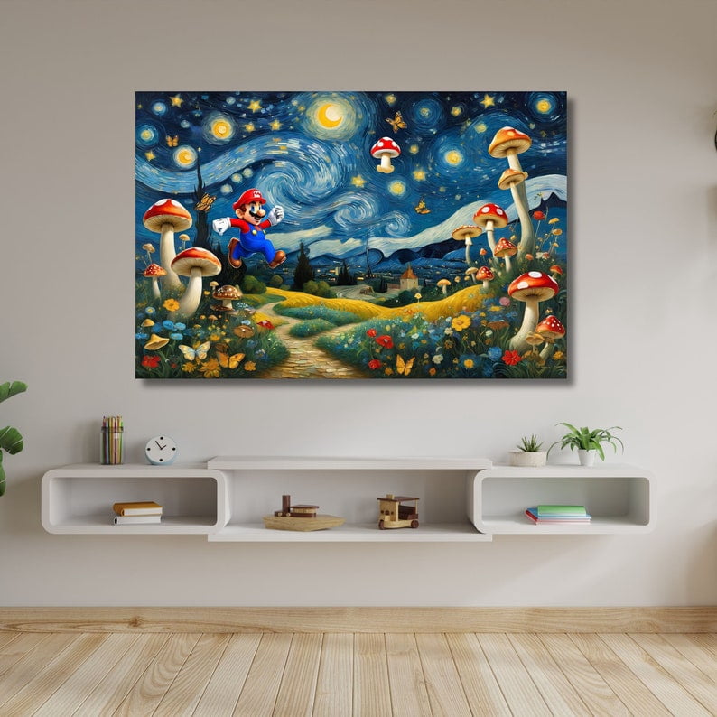 Super Mario Canvas,Gift for Kids,Starry Night View,Mario Poster,Super ...