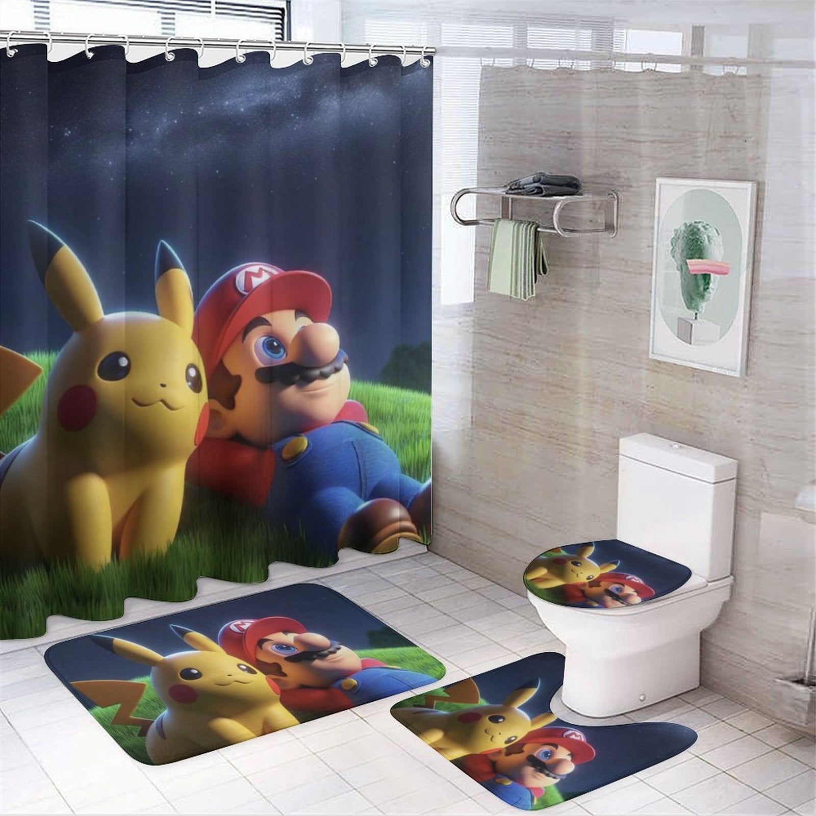 Super Mario Cartoon Shower Curtain Set with Anti-slip Carpet, Toilet ...