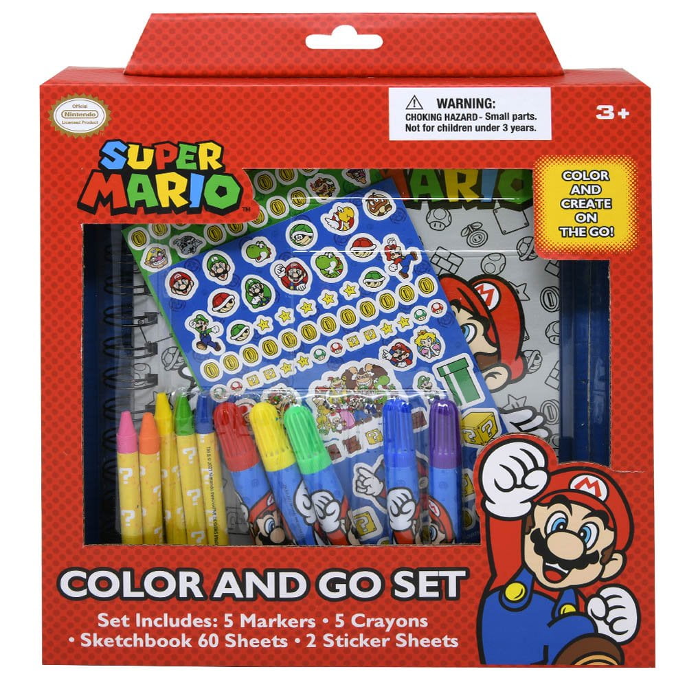 Super Mario Color & Go Set in Box- MARKERS, CRAYONS, SKETCHBOOK ...