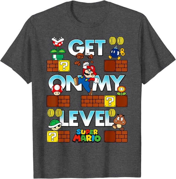 Super Mario Get On My Level Game Play Poster T-Shirt, Dark Heather ...