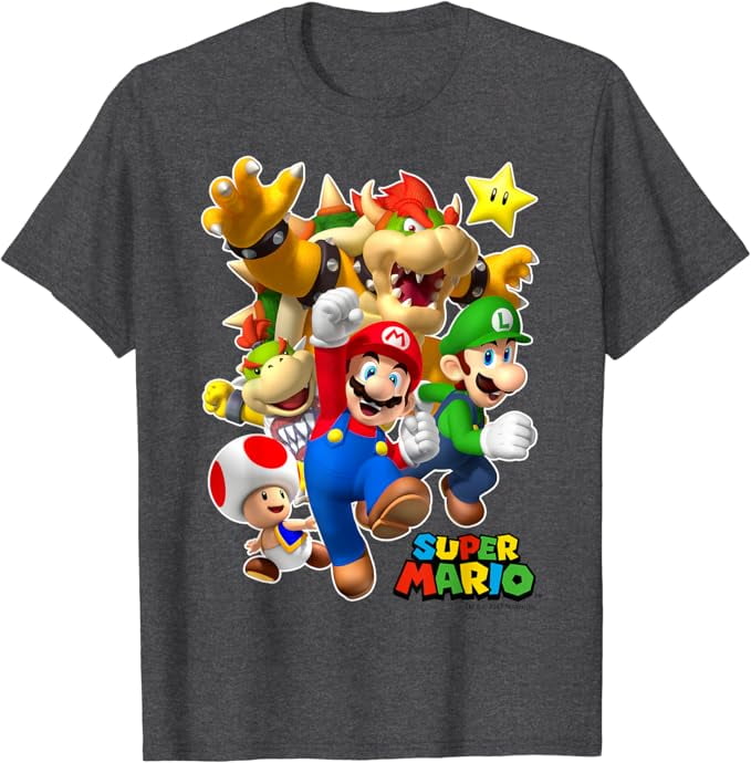 Super Mario Group Shot With Bowser Retro Poster T-Shirt, Dark Heather ...