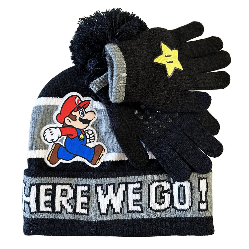 Super Mario Here We Go! Black Beanie Hat, Gloves Set - Walmart.com