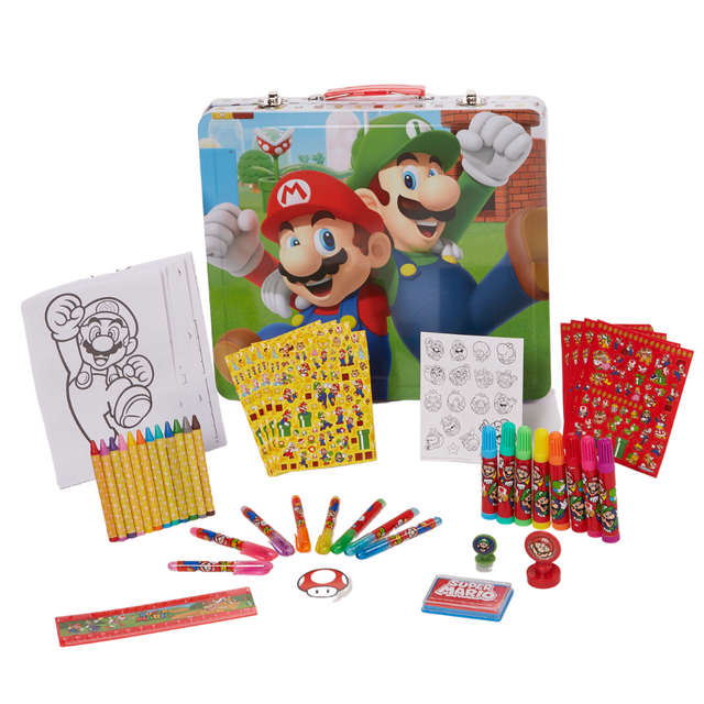 Super Mario Kids Art Kit with Carrying Tin Gel Pens Markers Stickers ...