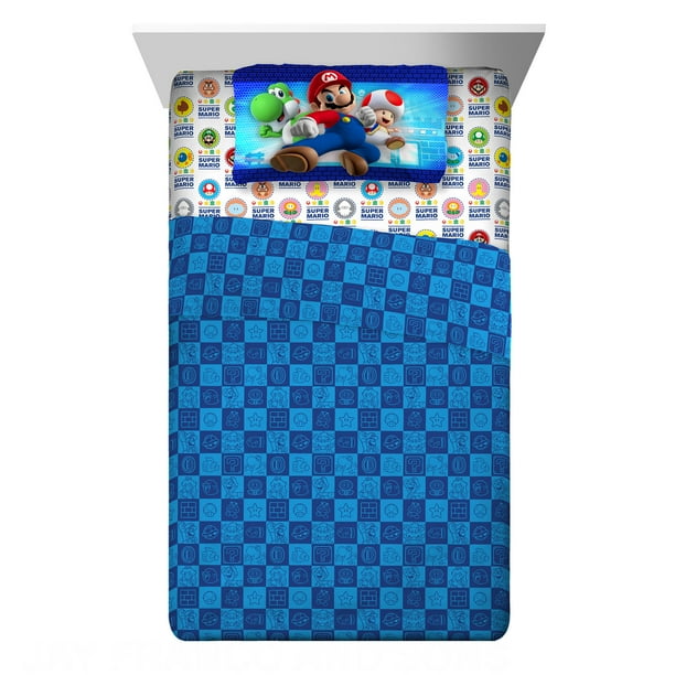 Super Mario Kids Full Sheet Set, Gaming Bedding, Blue and White ...