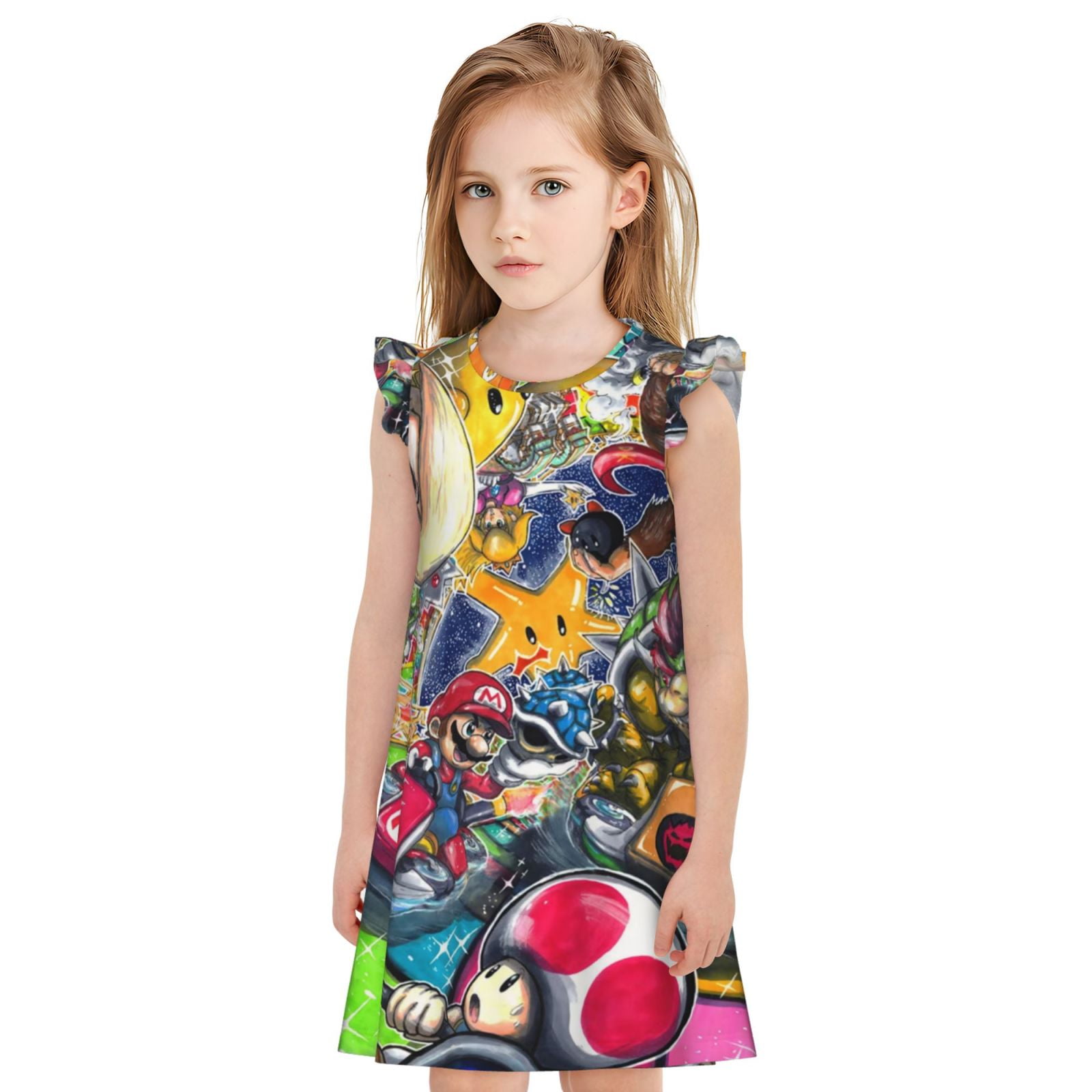 Super Mario Little Girls Nightgown Short Flutter Sleeve Pajamas Cartoon ...