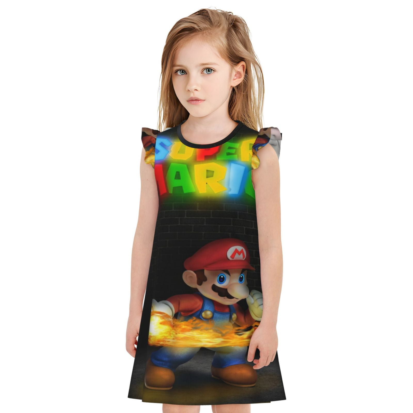 Super Mario Little Girls Nightgown Short Flutter Sleeve Pajamas Cartoon ...