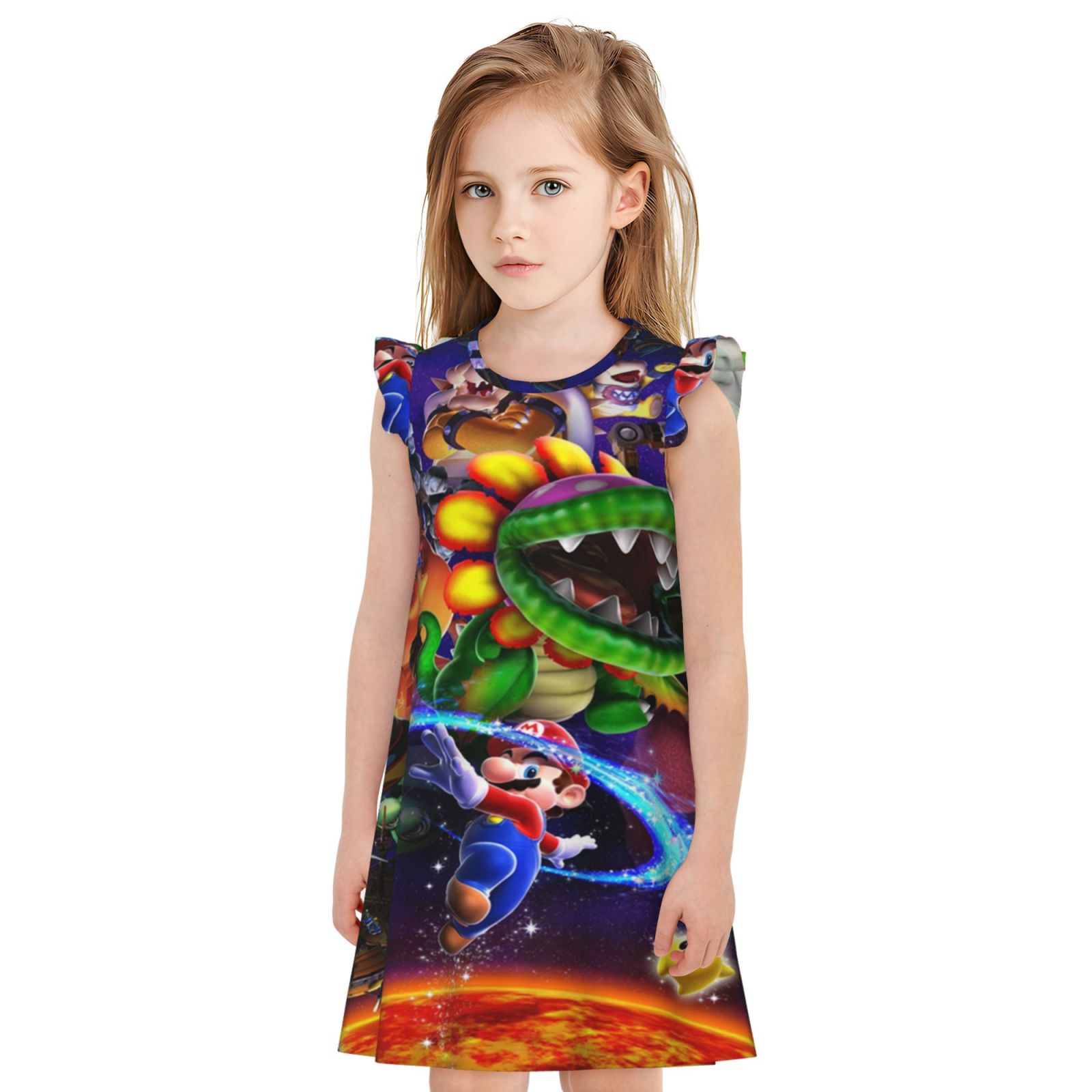 Super Mario Little Girls Nightgown Short Flutter Sleeve Pajamas Cartoon ...