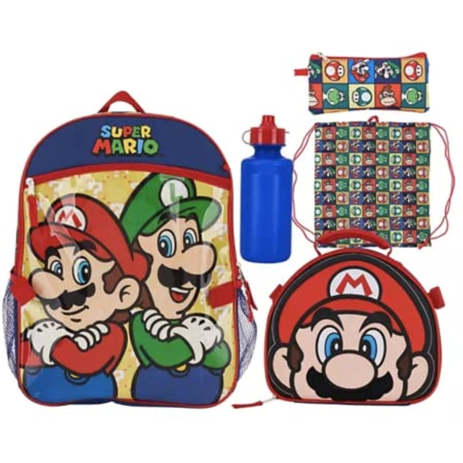 Super Mario Luigi 5 Piece Backpack, Cinch Sack, Lunch Bag, Water Bottle ...