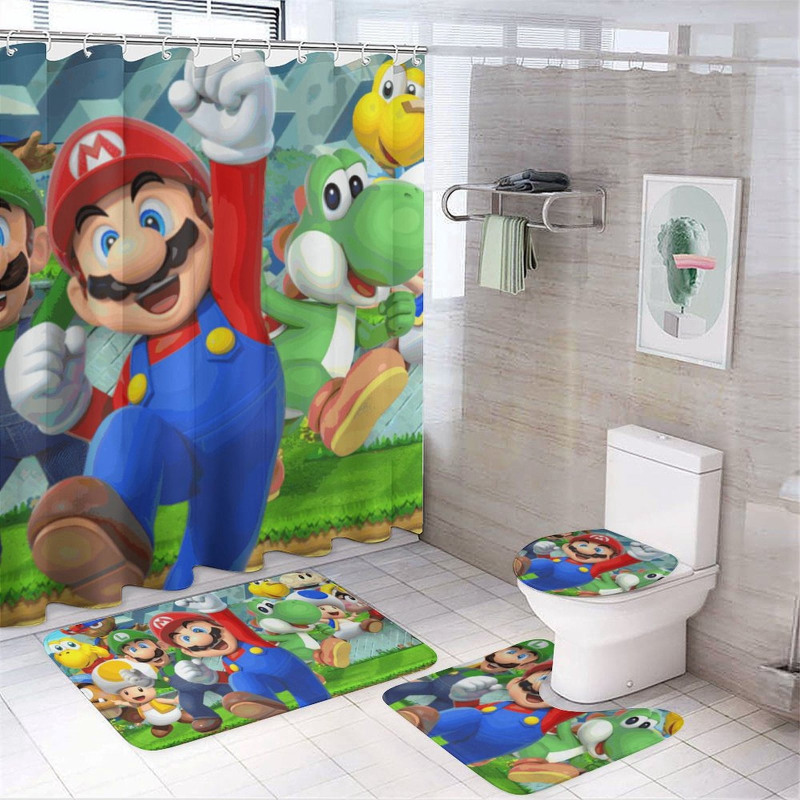 Super Mario Luigi Cartoon 4 Pieces Shower Curtain Set With 12 Hooks ...