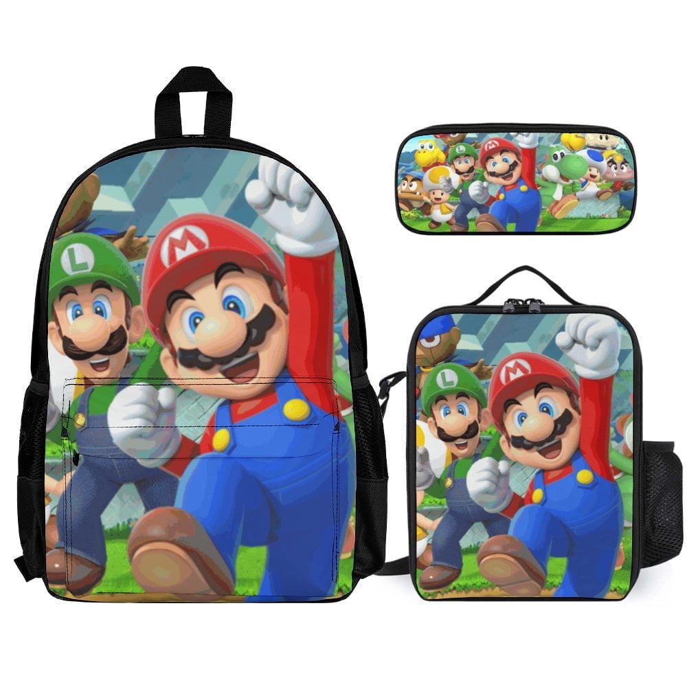 Super Mario Luigi Cartoon Backpack 3 Pieces Set With Pencil Case Lunch ...