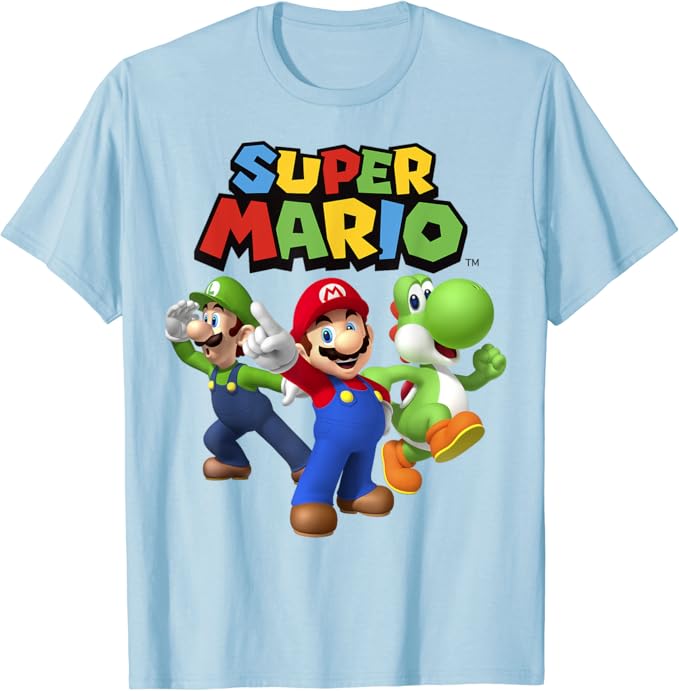 Super Mario Luigi Mario And Yoshi Group Shot T-Shirt, Light Blue Color ...