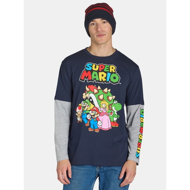 Super Mario Men's & Big Men's Long Sleeve Graphic Tee Shirt and Beanie ...