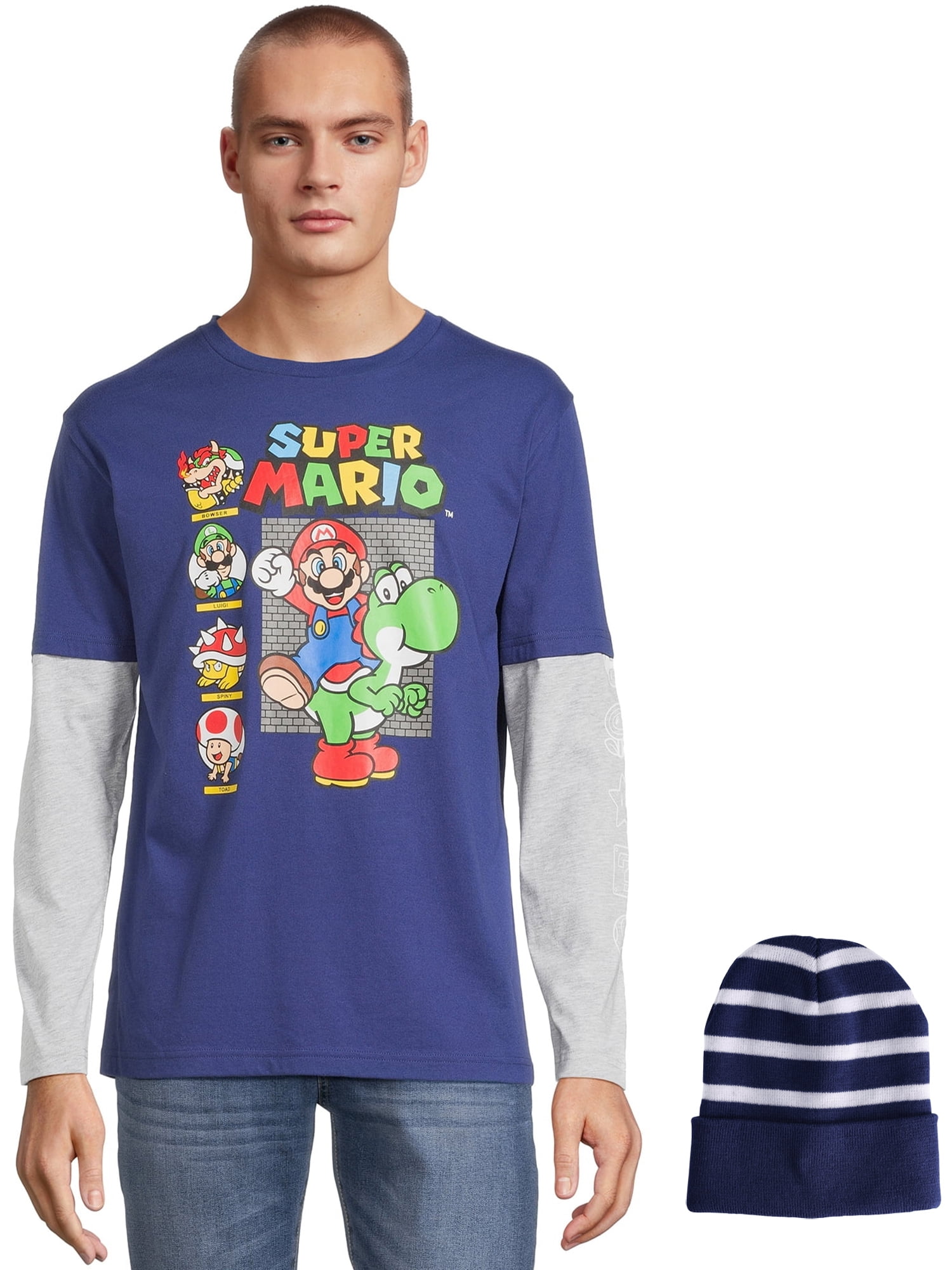 Super Mario Men's and Big Men's Long Sleeve Graphic T-Shirt and Beanie ...