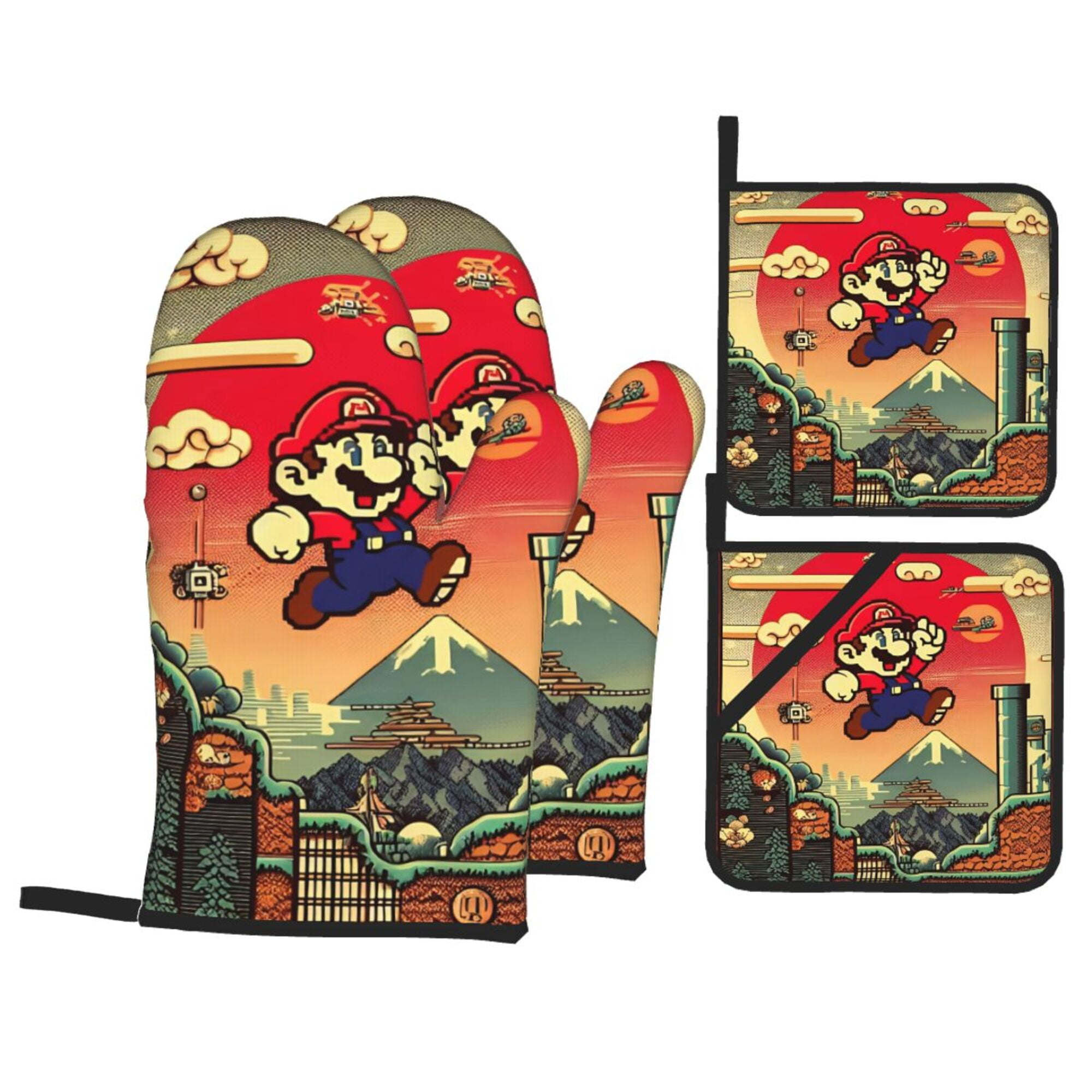 Super Mario Oven Mitt & Pot Holder Sets of 4 Non-Slip BBQ & Grill Glove ...