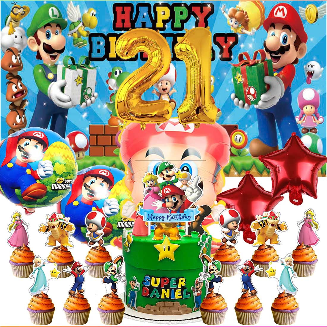 Super Mario Party Supplies Decor 21th Kit Balloons Birthday Cake Topper ...