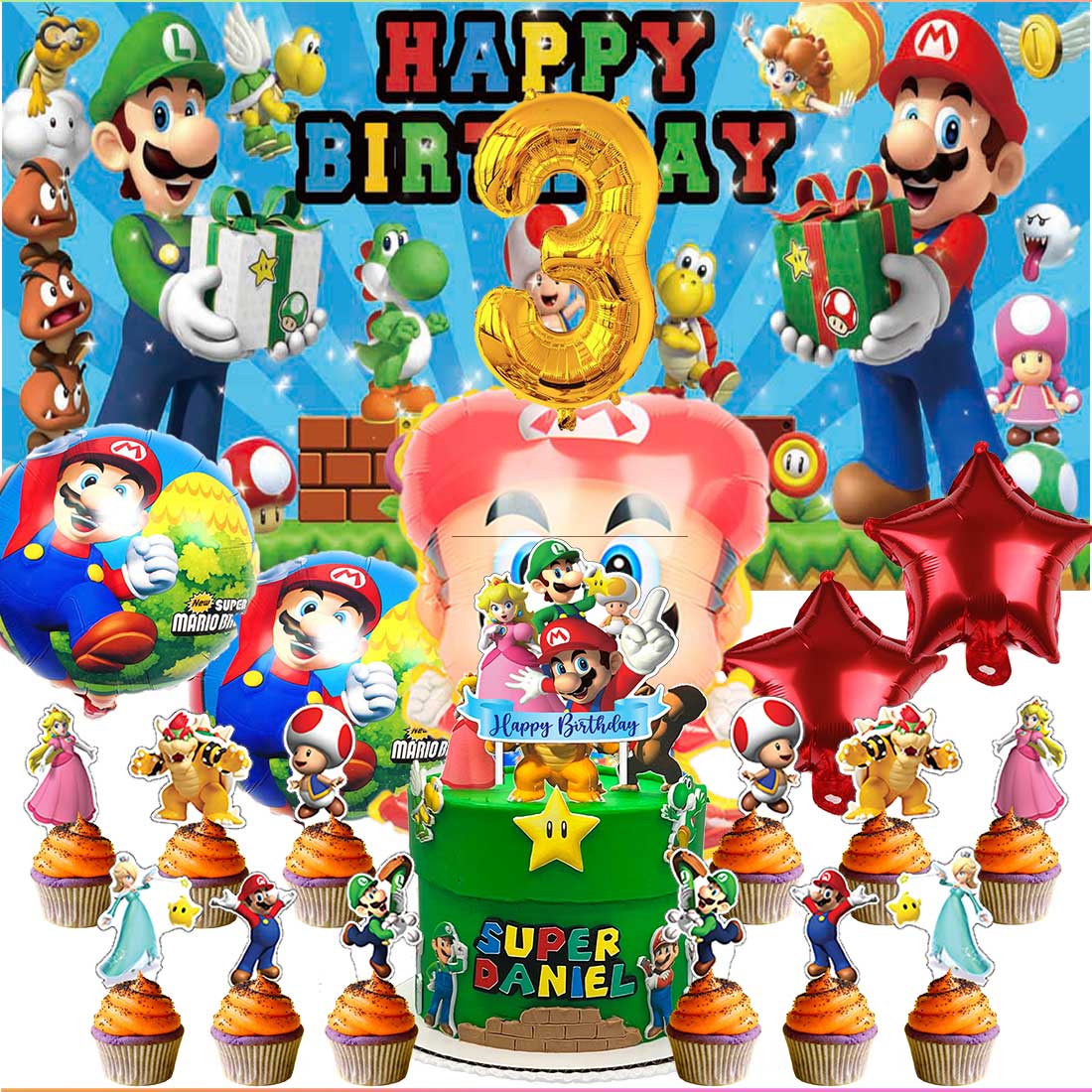 Super Mario Party Supplies Decor 3rd Kit Balloons Birthday Cake Topper ...