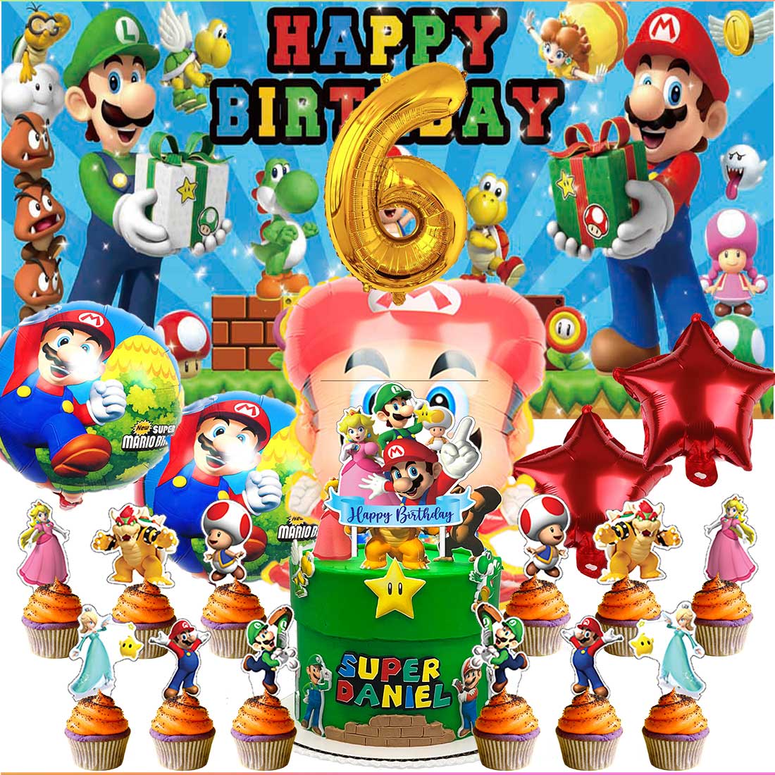 Super Mario Party Supplies Decor 6th Kit Balloons Birthday Cake Topper ...