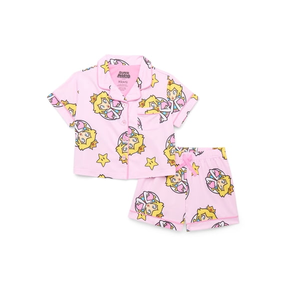 Super Mario Princess Peach Girls Button Front Top and Shorts Pajama Set ...
