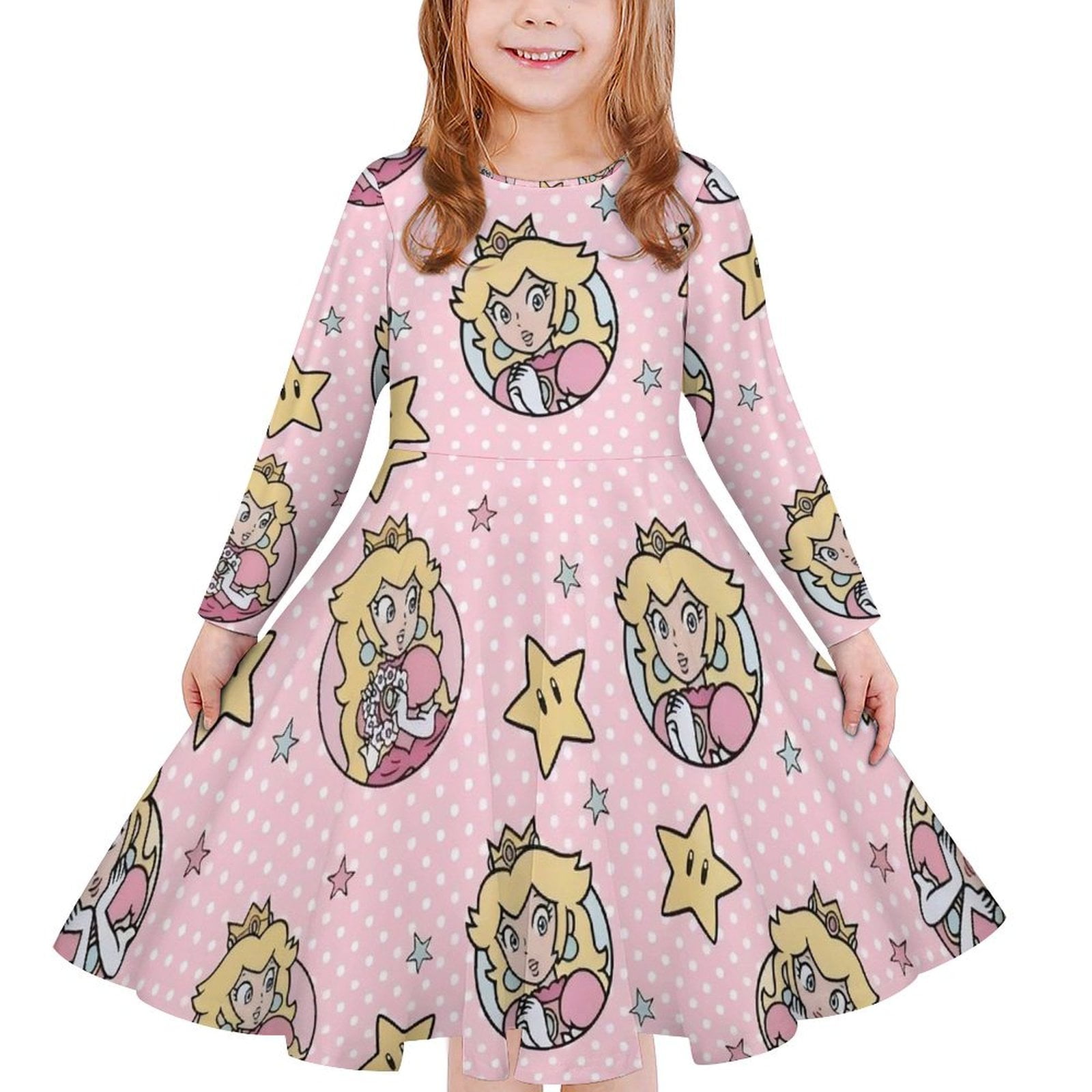 Super Mario Princess Peach Girls Cartoon Long Sleeve Dress A Line Girls ...