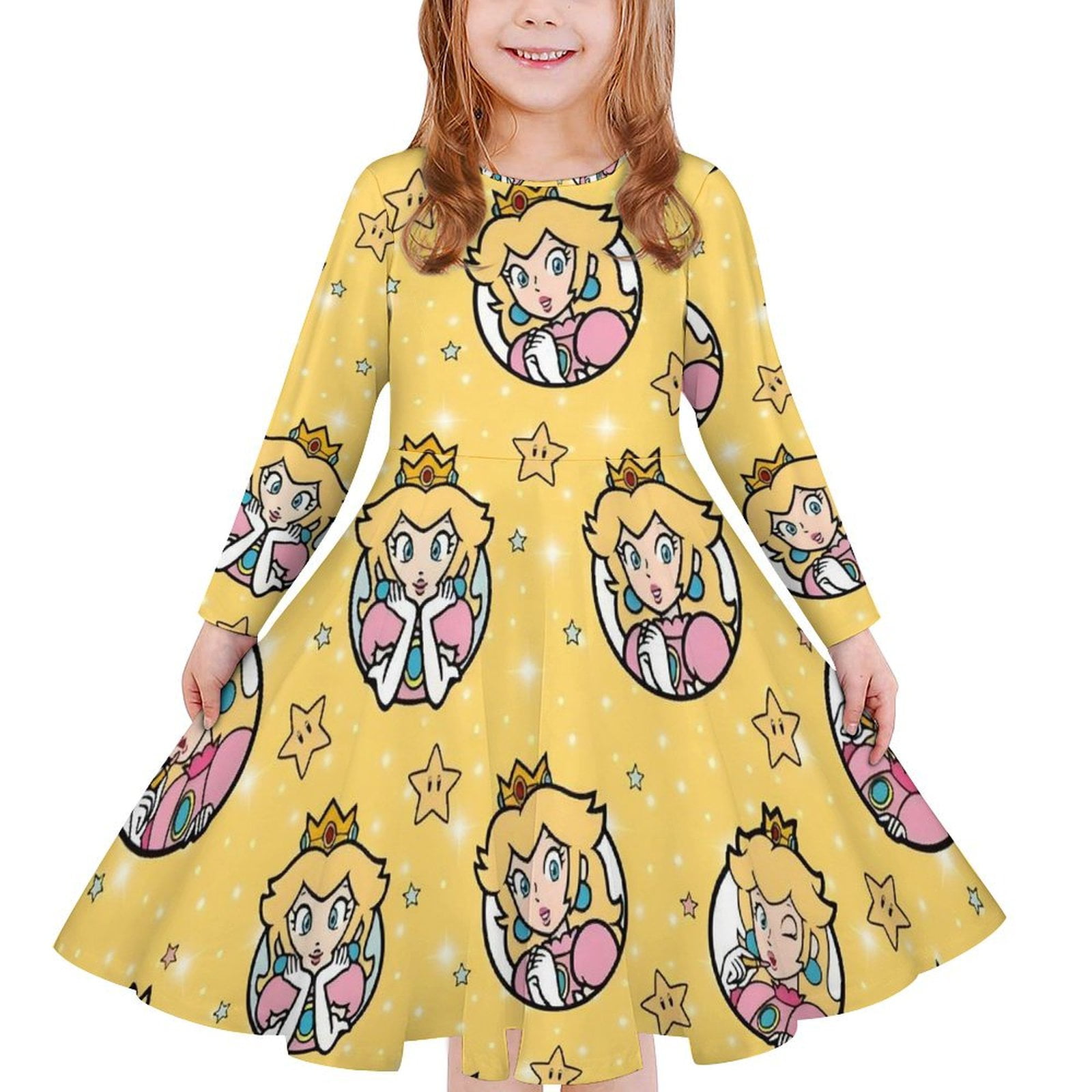 Super Mario Princess Peach Girls Cartoon Long Sleeve Dress A Line Girls ...