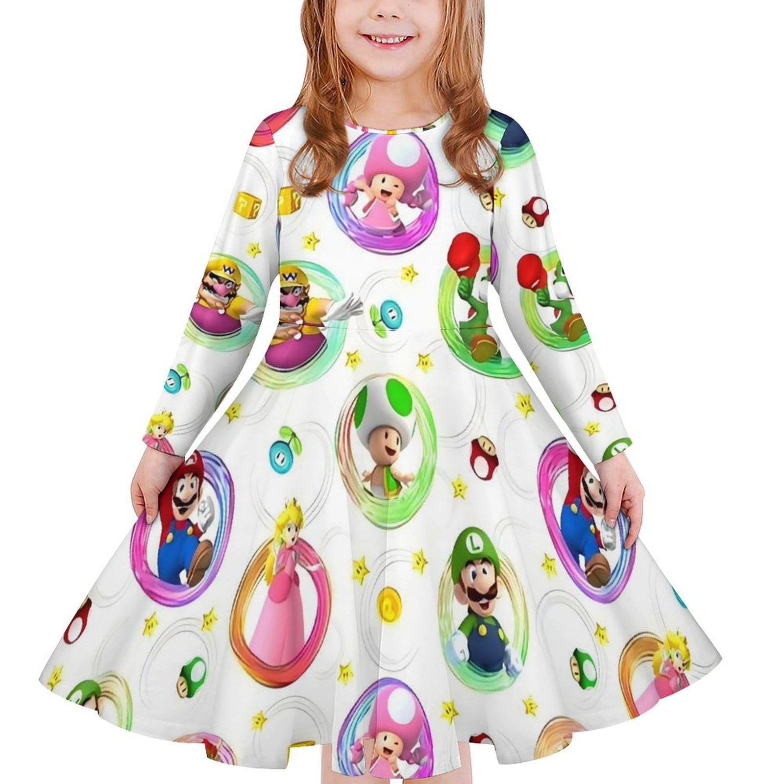 Super Mario Princess Peach Girls Cartoon Long Sleeve Dress A Line Girls ...