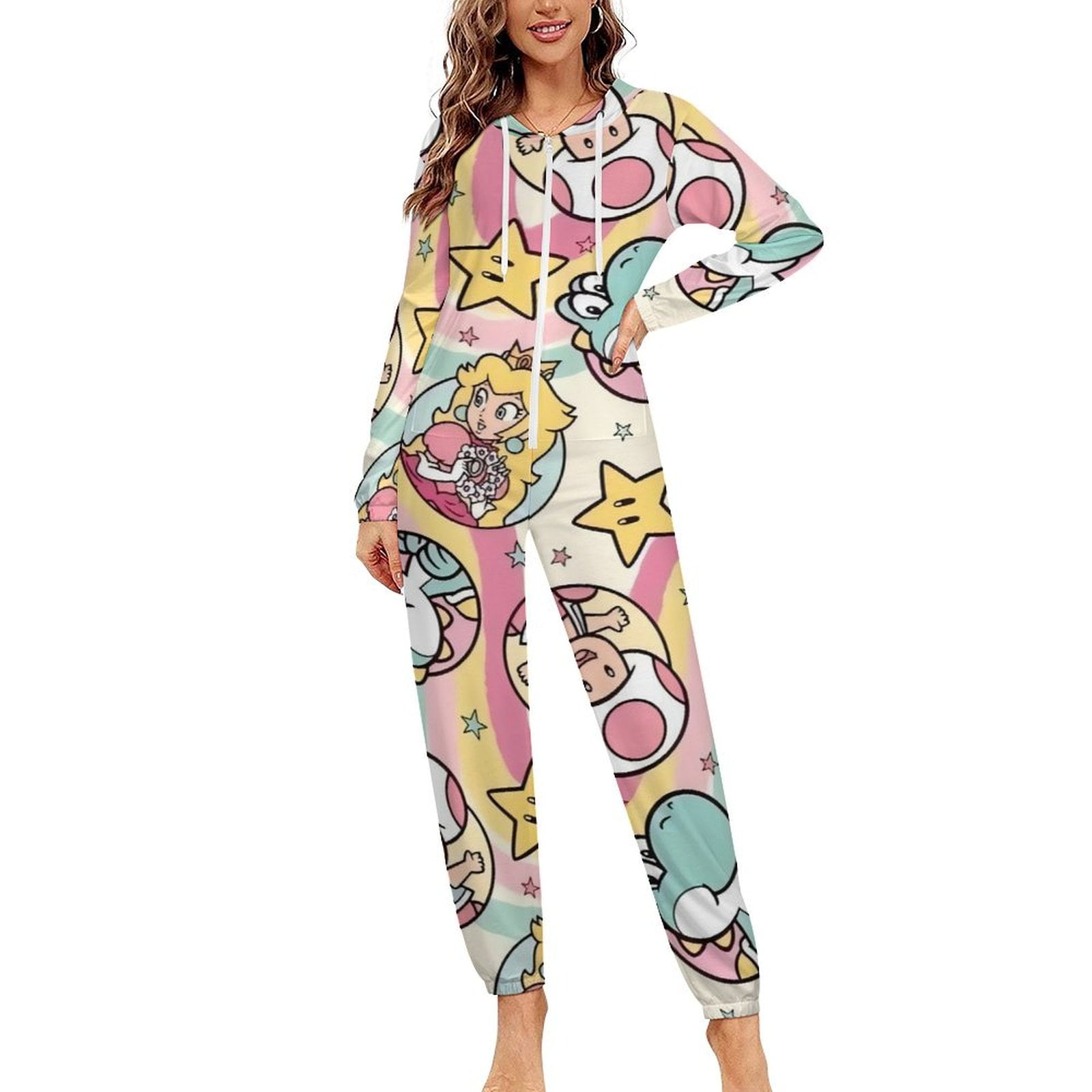 Super Mario Princess Peach Hood zipper one-piece pajamas for women M ...