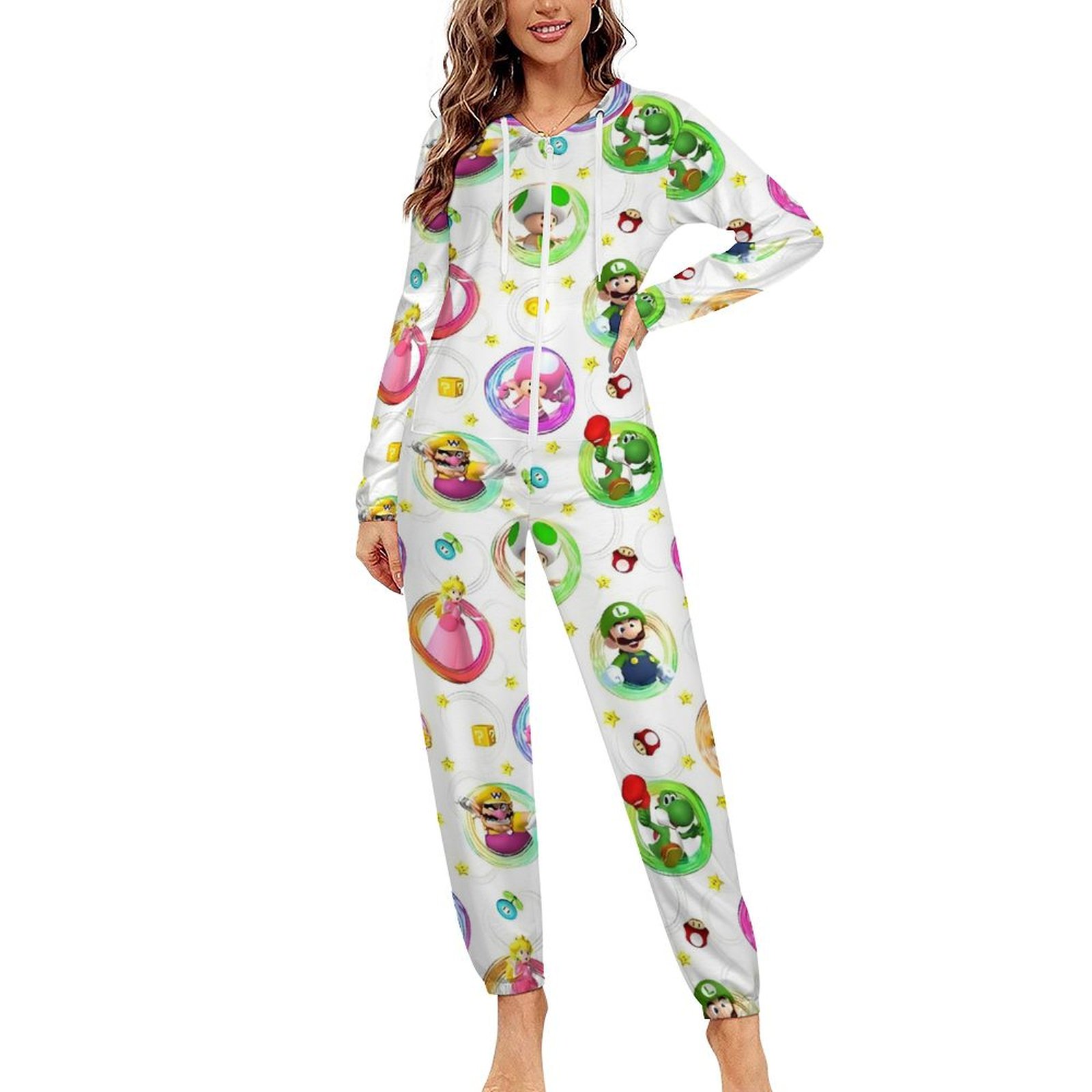Super Mario Princess Peach Hood zipper one-piece pajamas for women XL ...