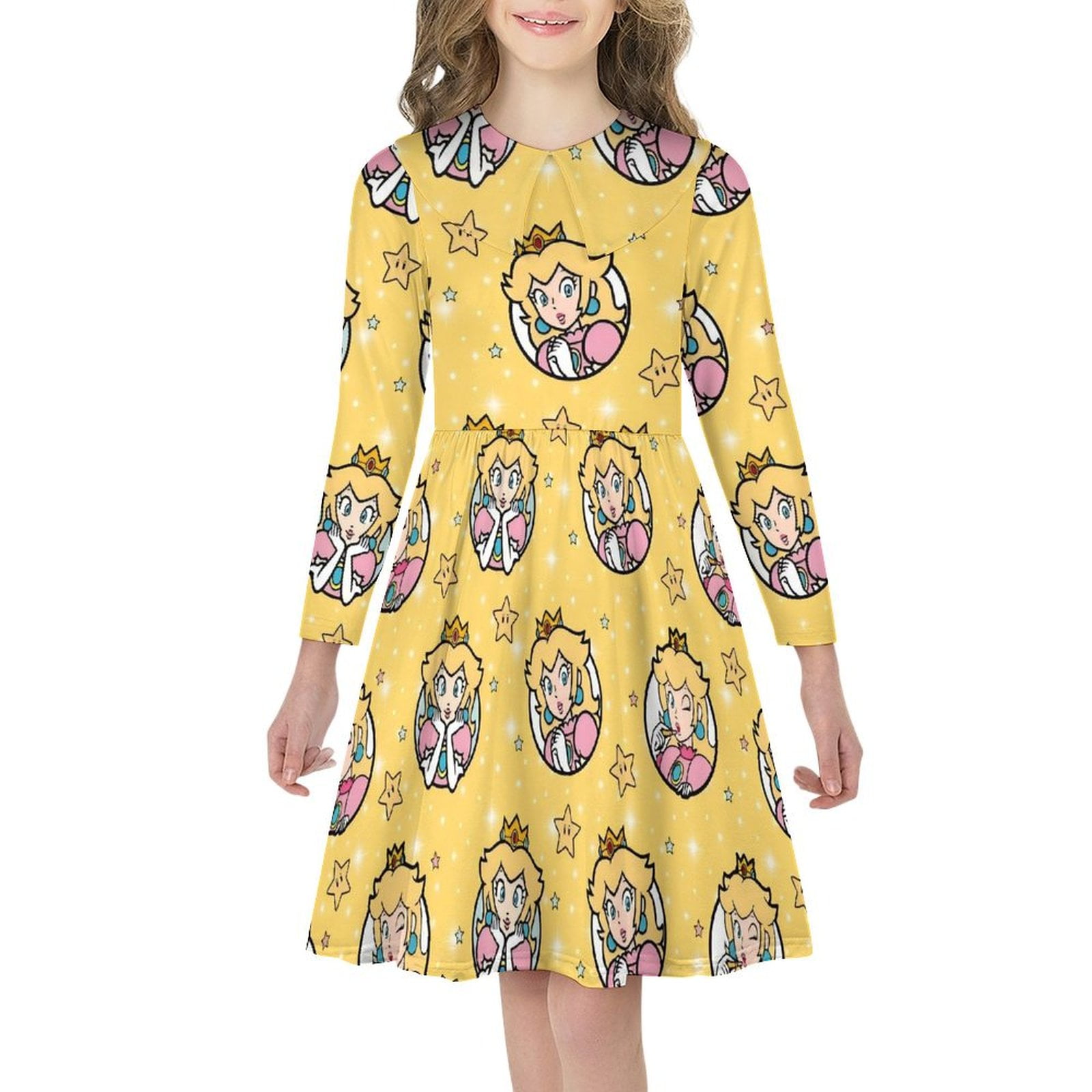 Super Mario Princess Peach cartoon girls long sleeve casual dress 110CM ...