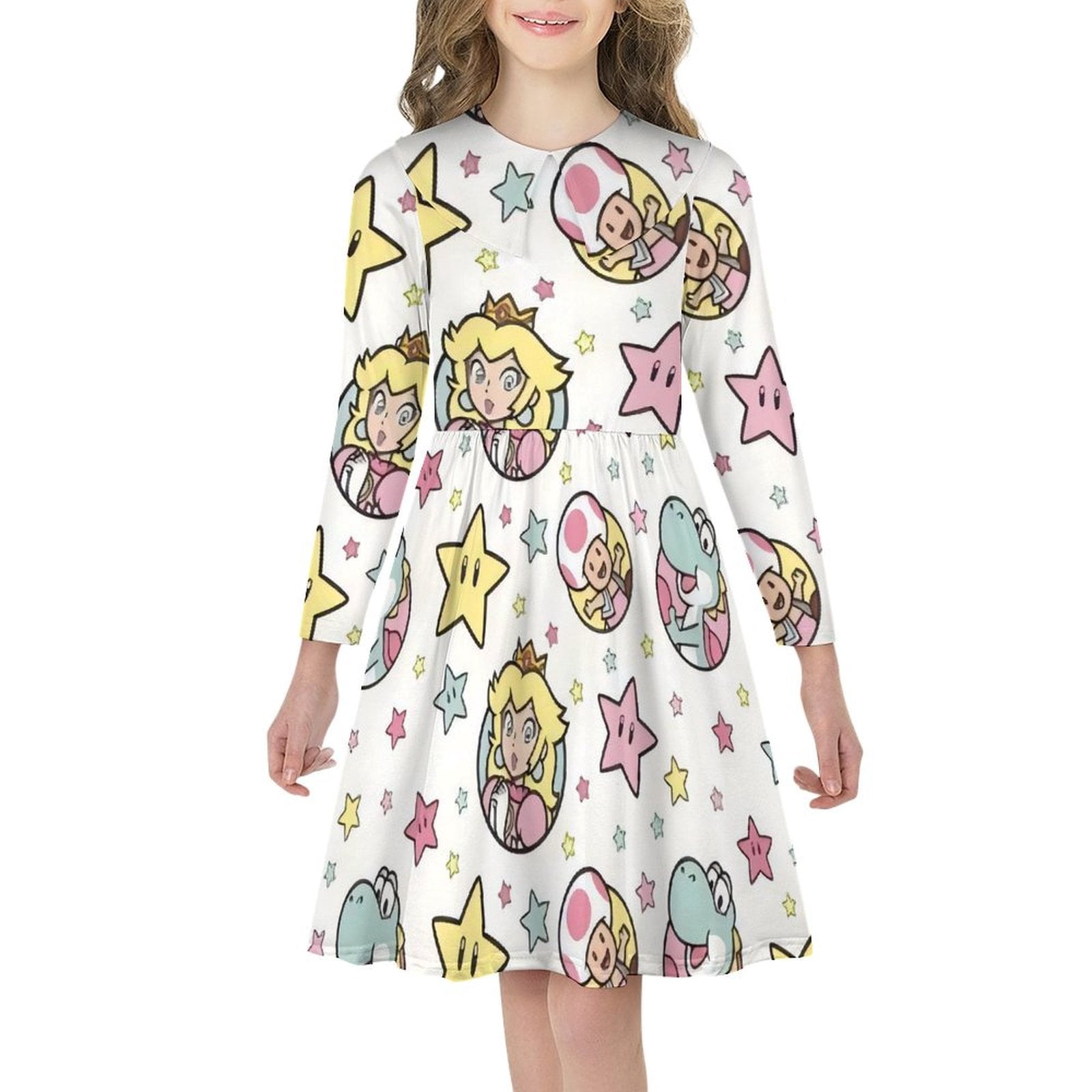 Super Mario Princess Peach cartoon girls long sleeve casual dress 130CM ...