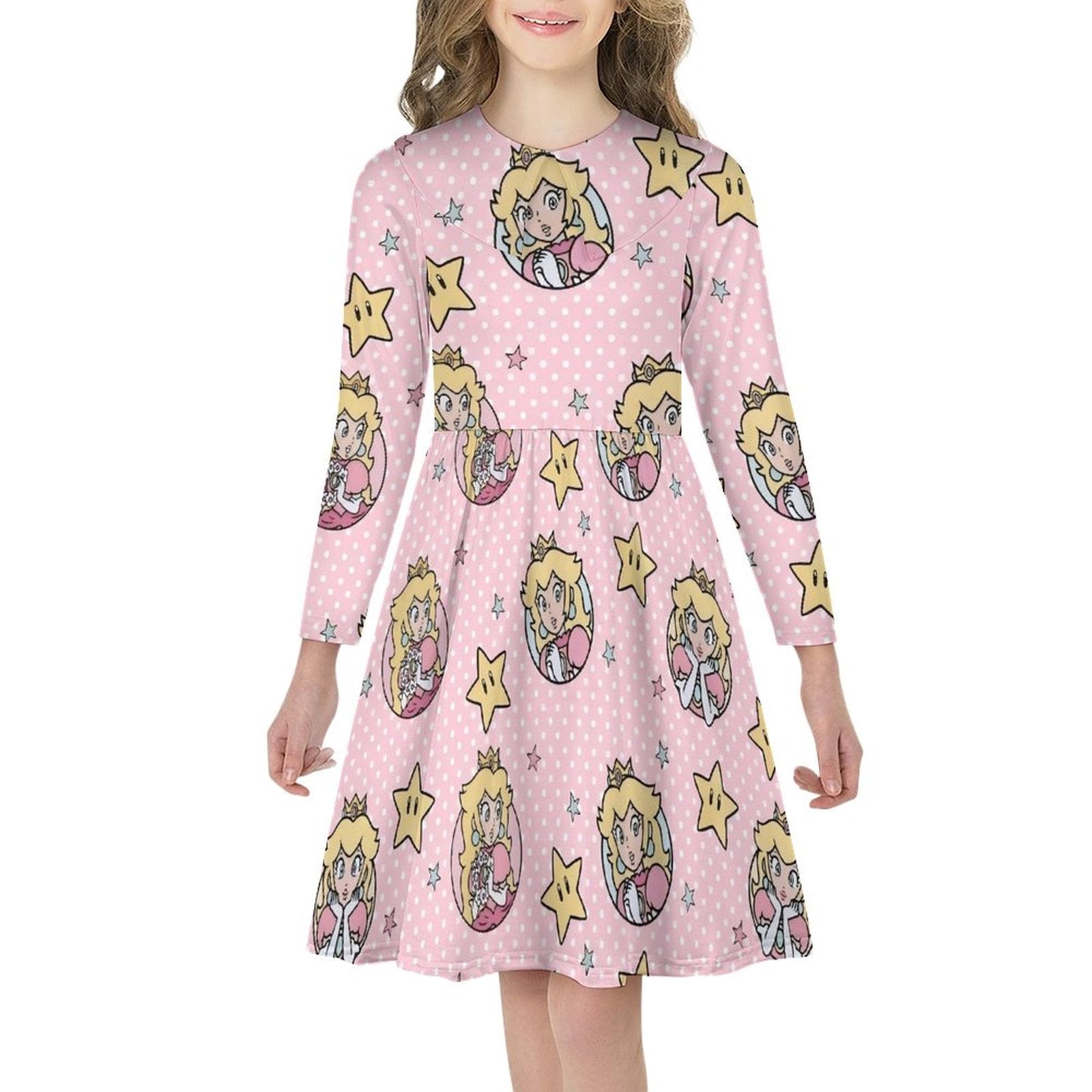 Super Mario Princess Peach cartoon girls long sleeve casual dress 140CM ...