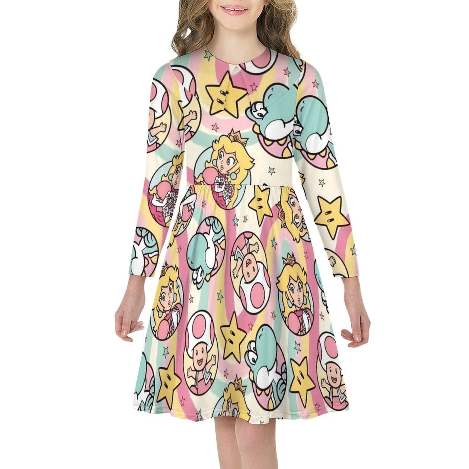 Super Mario Princess Peach cartoon girls long sleeve casual dress 160CM ...