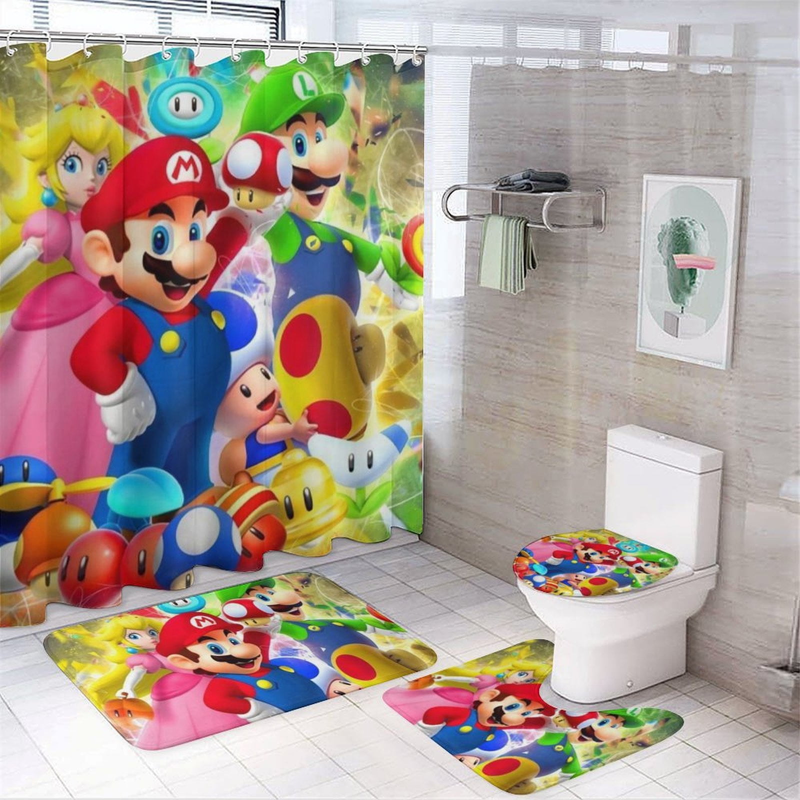 Super Mario Shower Curtain Set with Toilet Lid Cover And Non-Slip Rugs ...