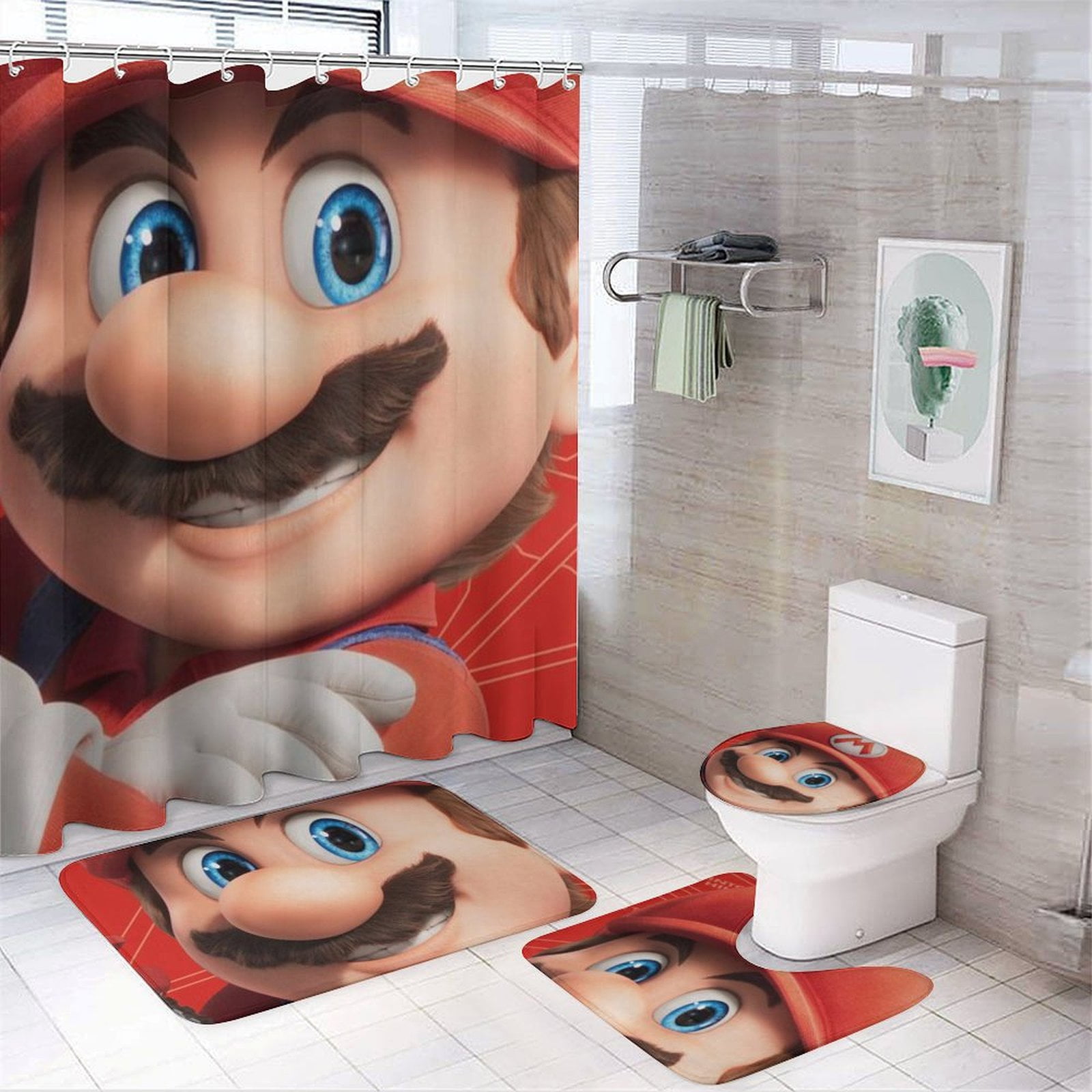 Super Mario Shower Curtain Set with Toilet Lid Cover And Non-Slip Rugs ...
