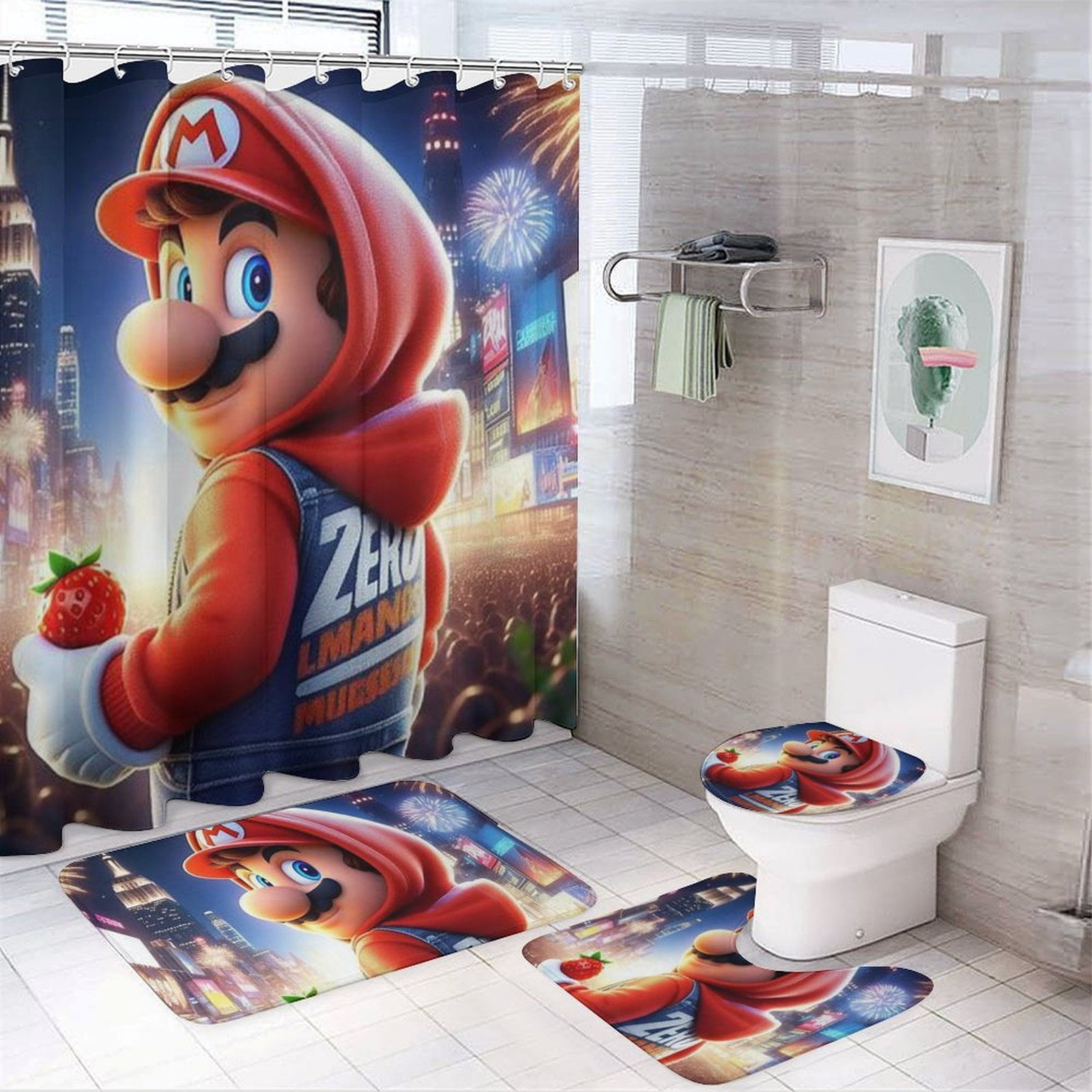 Super Mario Shower Curtain Set with Toilet Lid Cover And Non-Slip Rugs ...