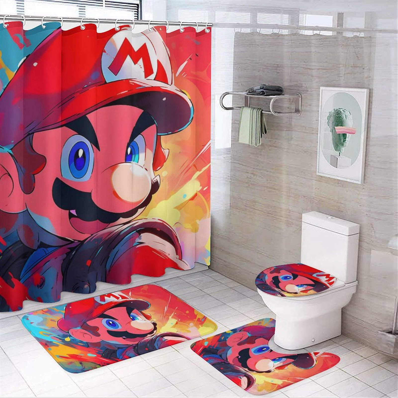 Super Mario Shower Curtain Set with Toilet Lid Cover And Non-Slip Rugs ...
