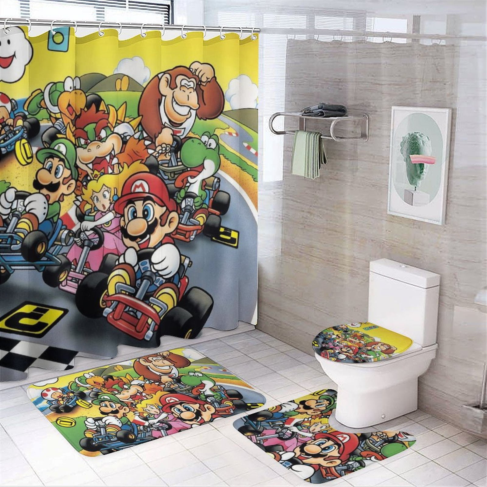 Super Mario Shower Curtain Set with Toilet Lid Cover And Non-Slip Rugs ...