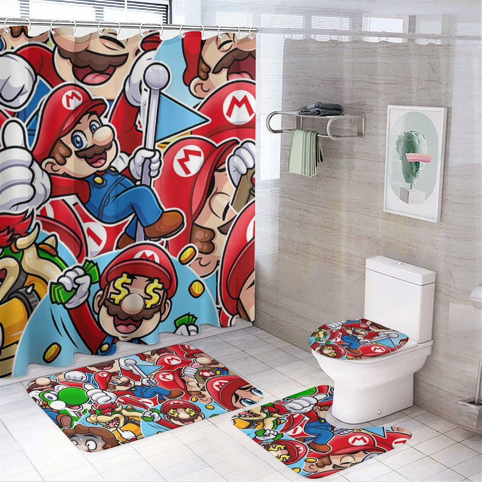 Super Mario Shower Curtain Set with Toilet Lid Cover And Non-Slip Rugs ...