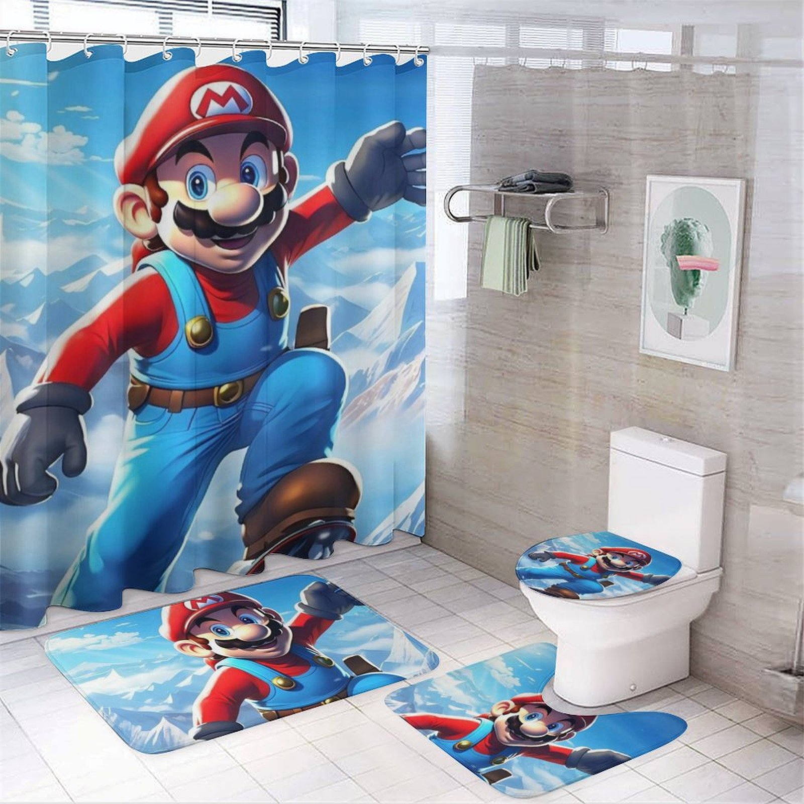 Super Mario Shower Curtain Set with Toilet Lid Cover And Non-Slip Rugs ...